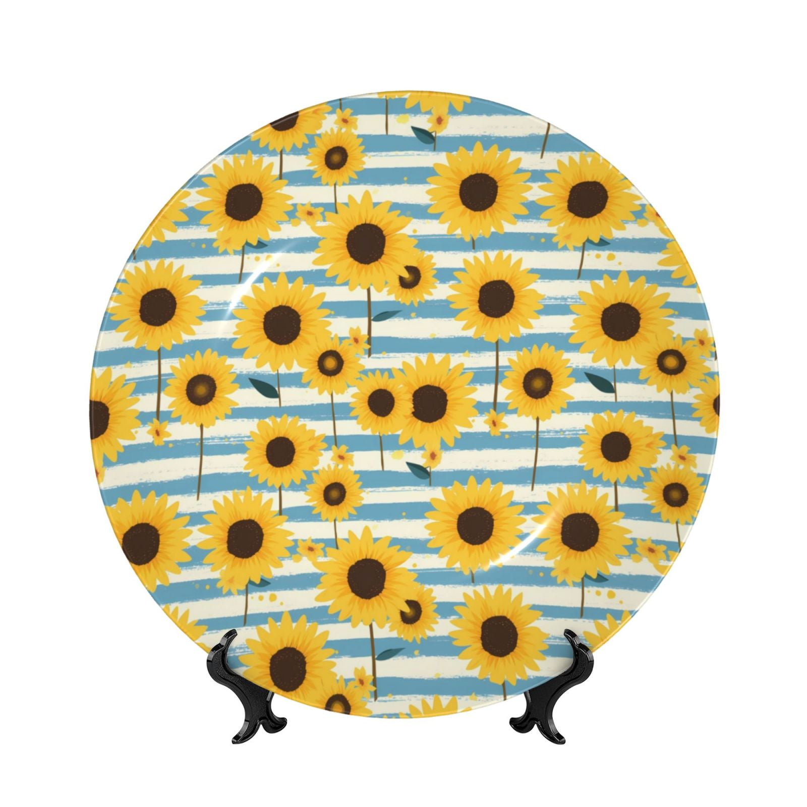 Yiaed Blue White Striped Sunflower A Print Bone China Decorative Plate ...