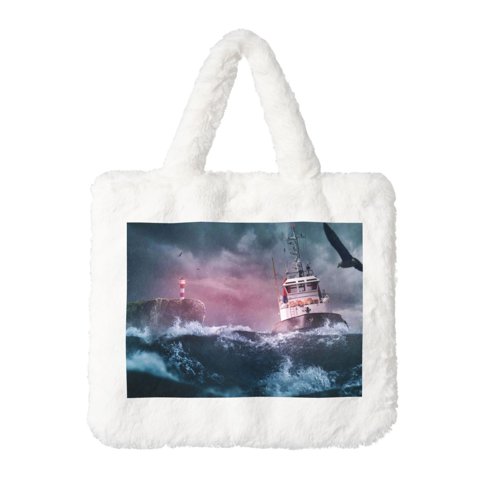 Yiaed Boat Lighthouse Storm Waves Print Fluffy Shoulder Bag Plush Bags ...