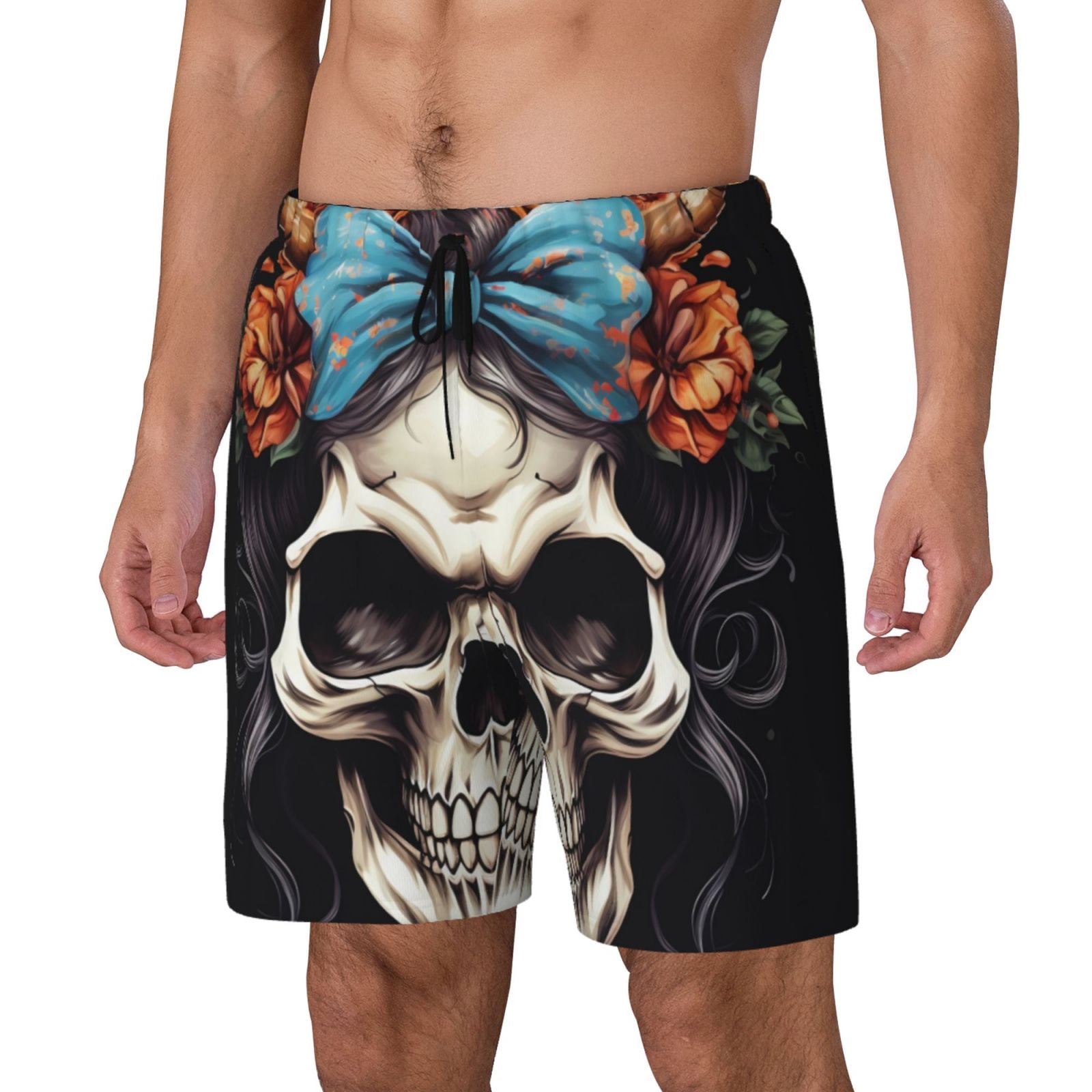Yiaed Bow Flower Skull Print Mens Swim Trunks Bathing Suit Compression ...