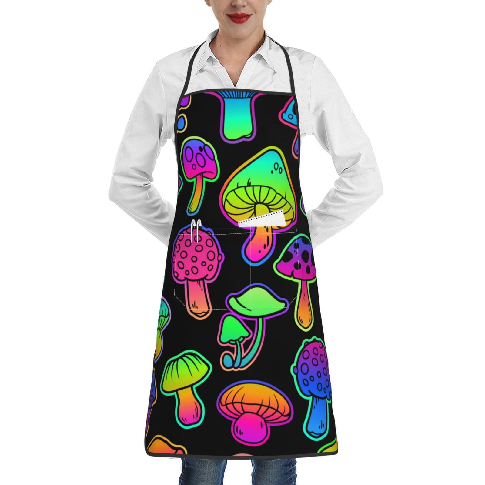 Yiaed Bright Mushrooms Print Kitchen Apron with Hand Wipe Pockets,Big ...