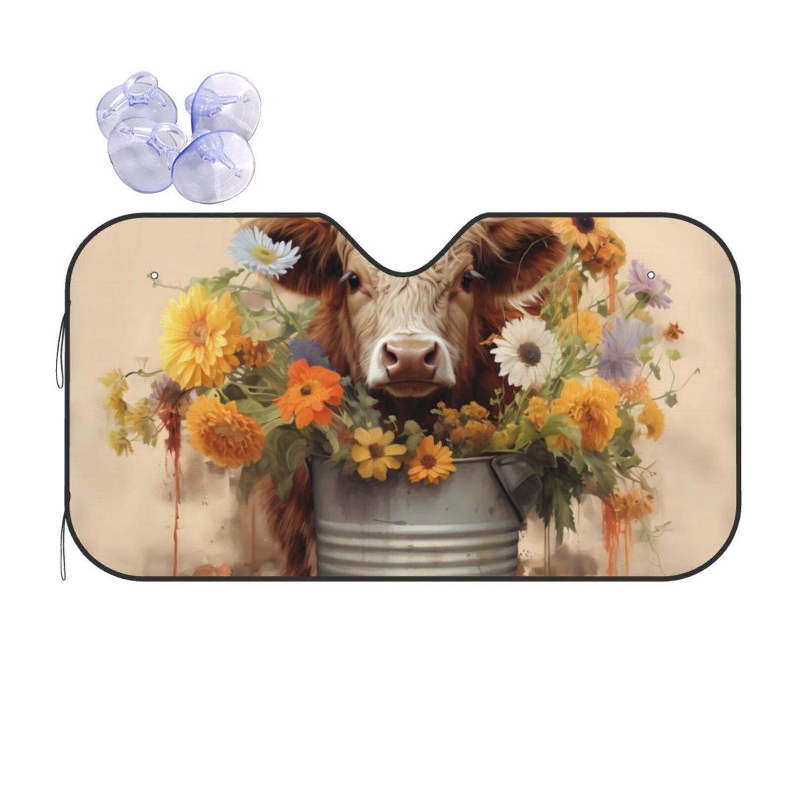 Yiaed Bucket Flower Cow Print Car Windshield Sunshade Front Auto Car ...