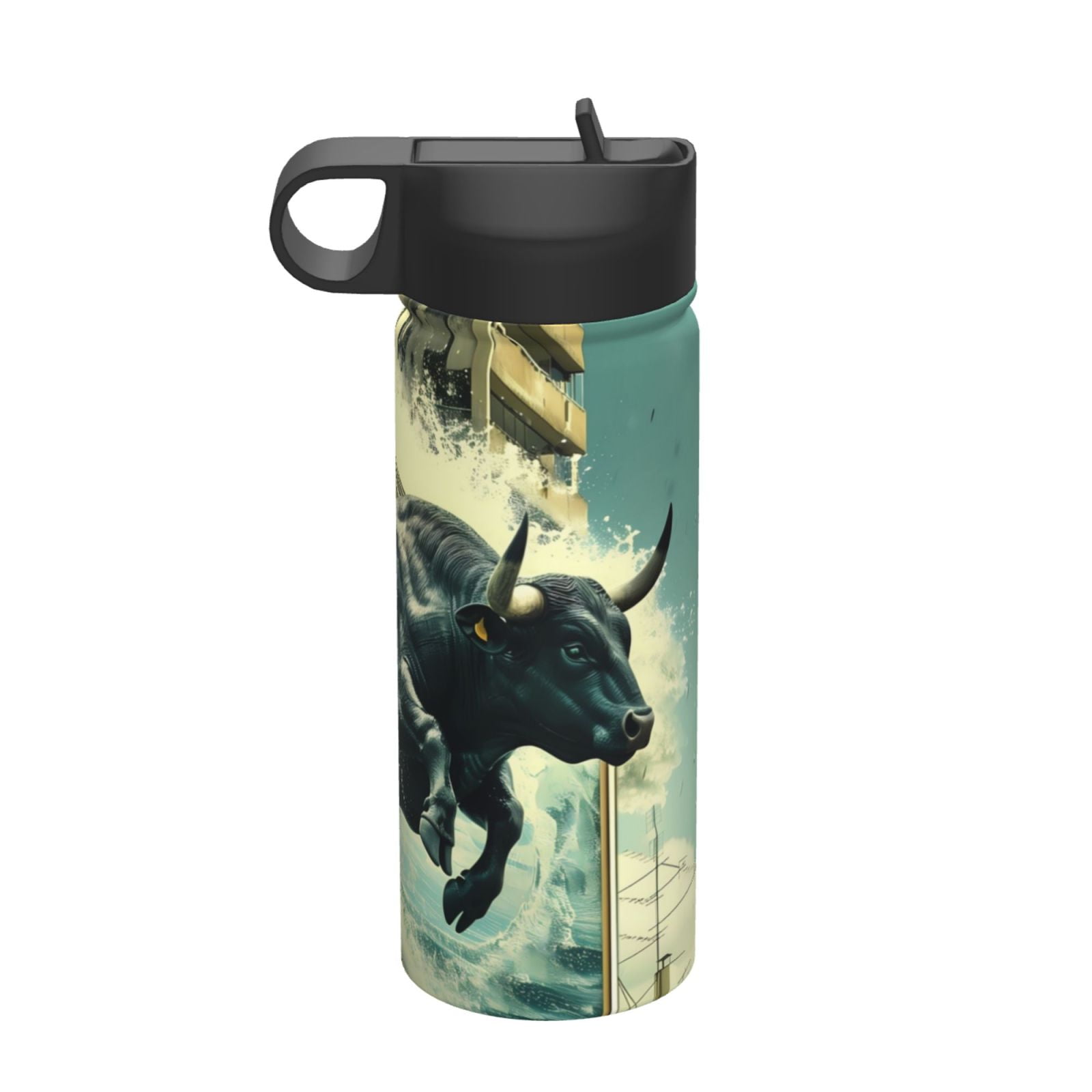 Yiaed Bull Charging Through Waves Print Water Bottle with Straw Lid ...