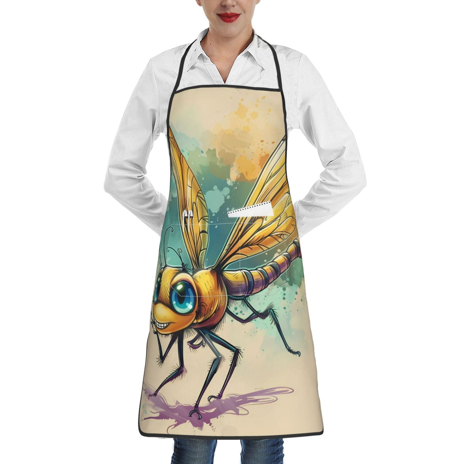 Yiaed Cartoon Dragonfly Art Print Kitchen Apron with Hand Wipe Pockets ...