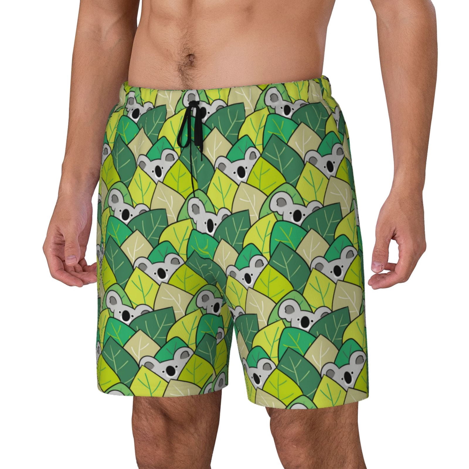Yiaed Cartoon Koala Bear and Leaf Print Mens Swim Trunks Bathing Suit ...