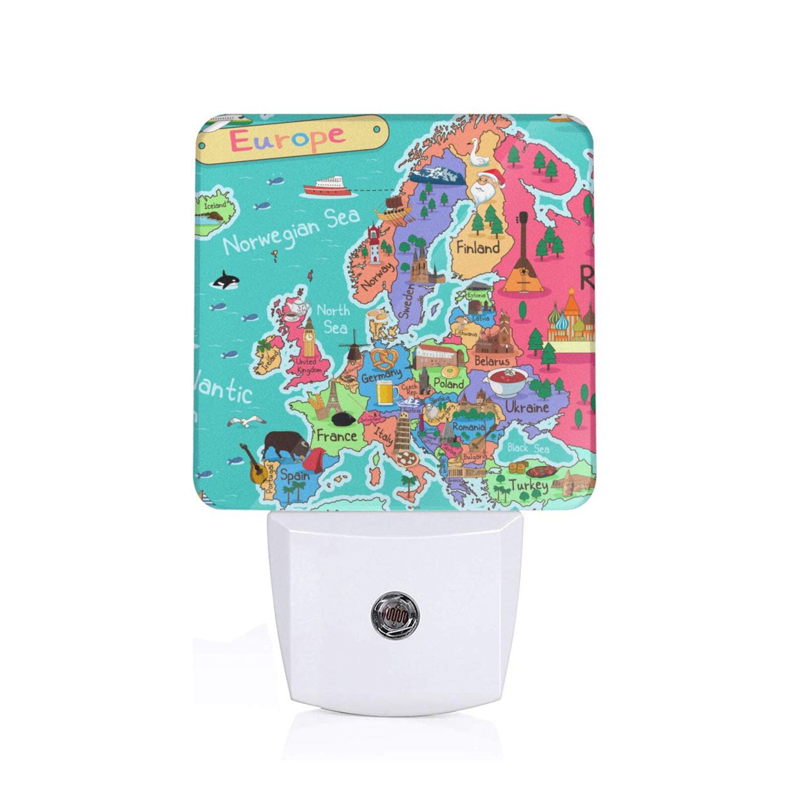 Yiaed Cartoon Map Of Europe Print Plug in Dimmable Led Night Light with ...