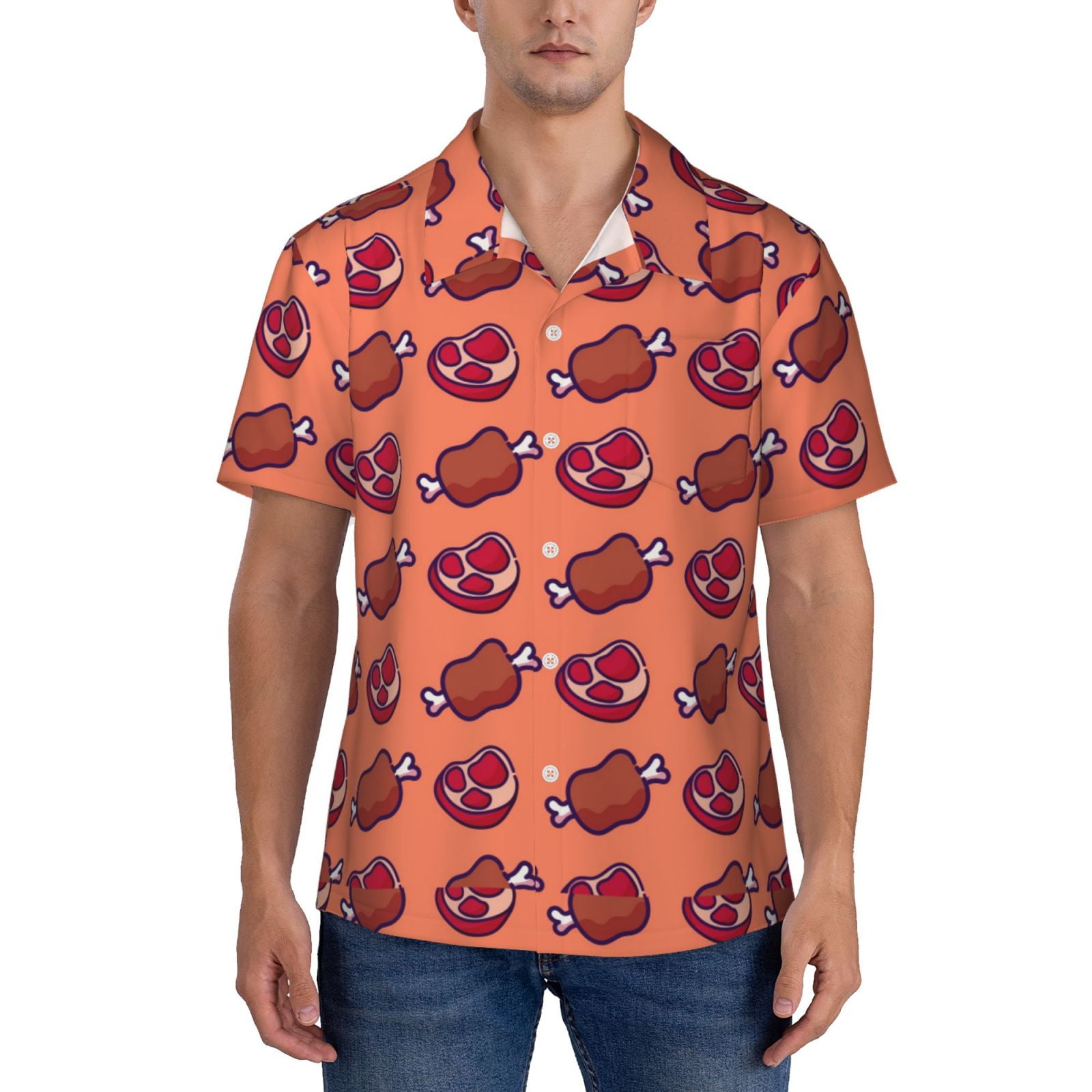Yiaed Cartoon Meat Print Hawaiian Shirt for Men Short Sleeve Button ...