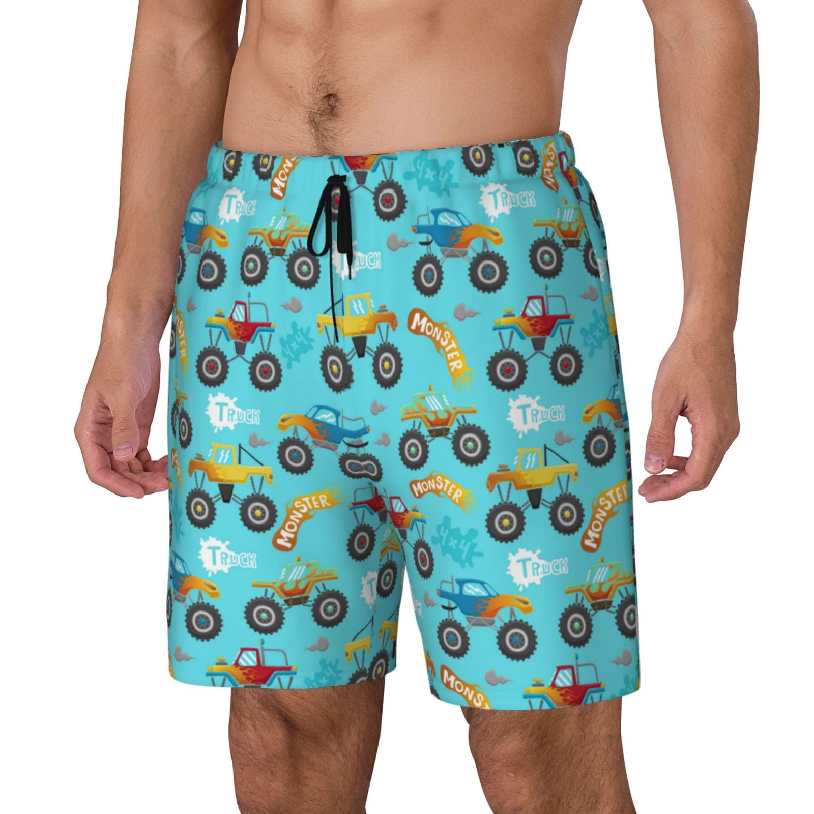 Yiaed Cartoon Monster Truck Print Mens Swim Trunks Bathing Suit ...