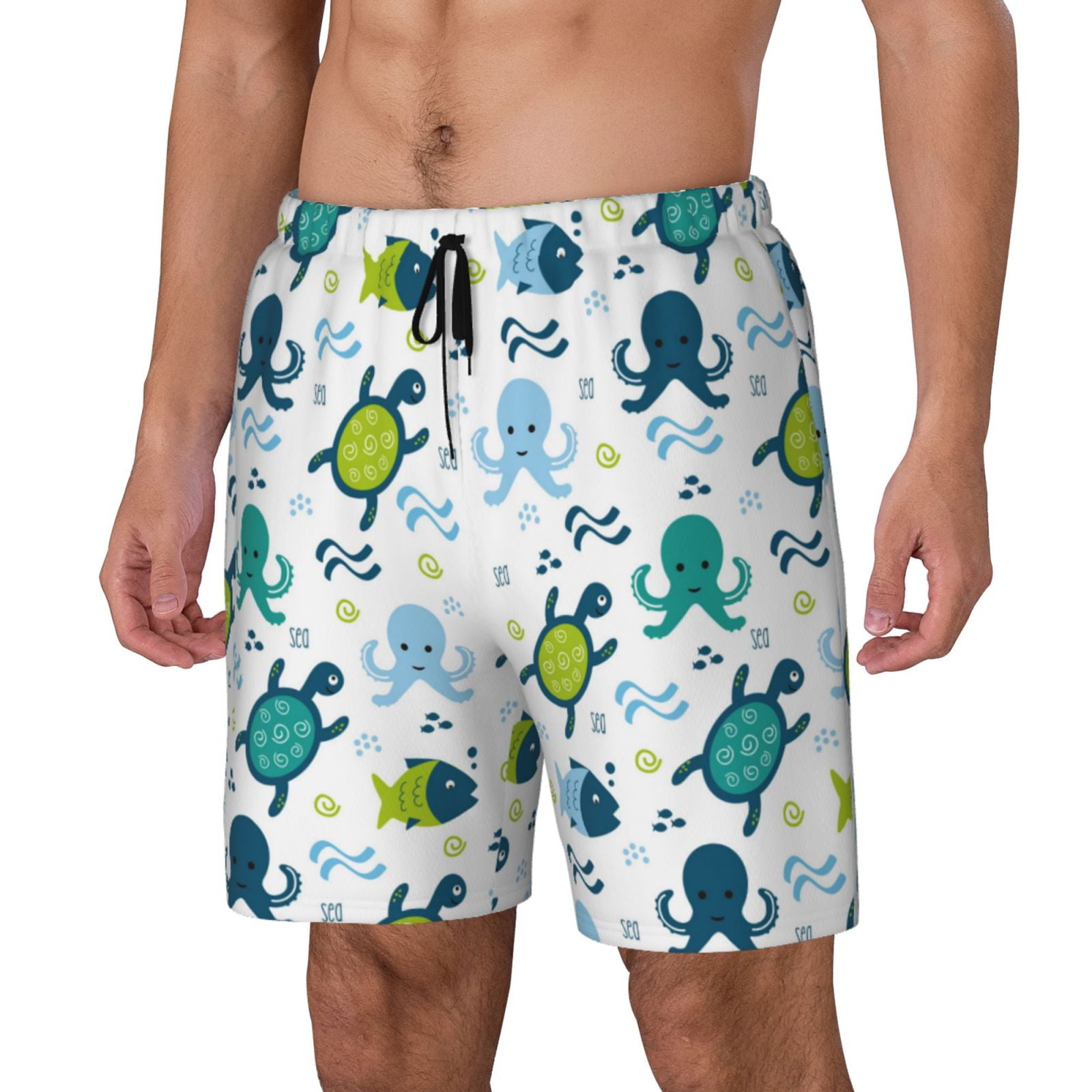 Yiaed Cartoon Sea Creatures Print Mens Swim Trunks Bathing Suit ...