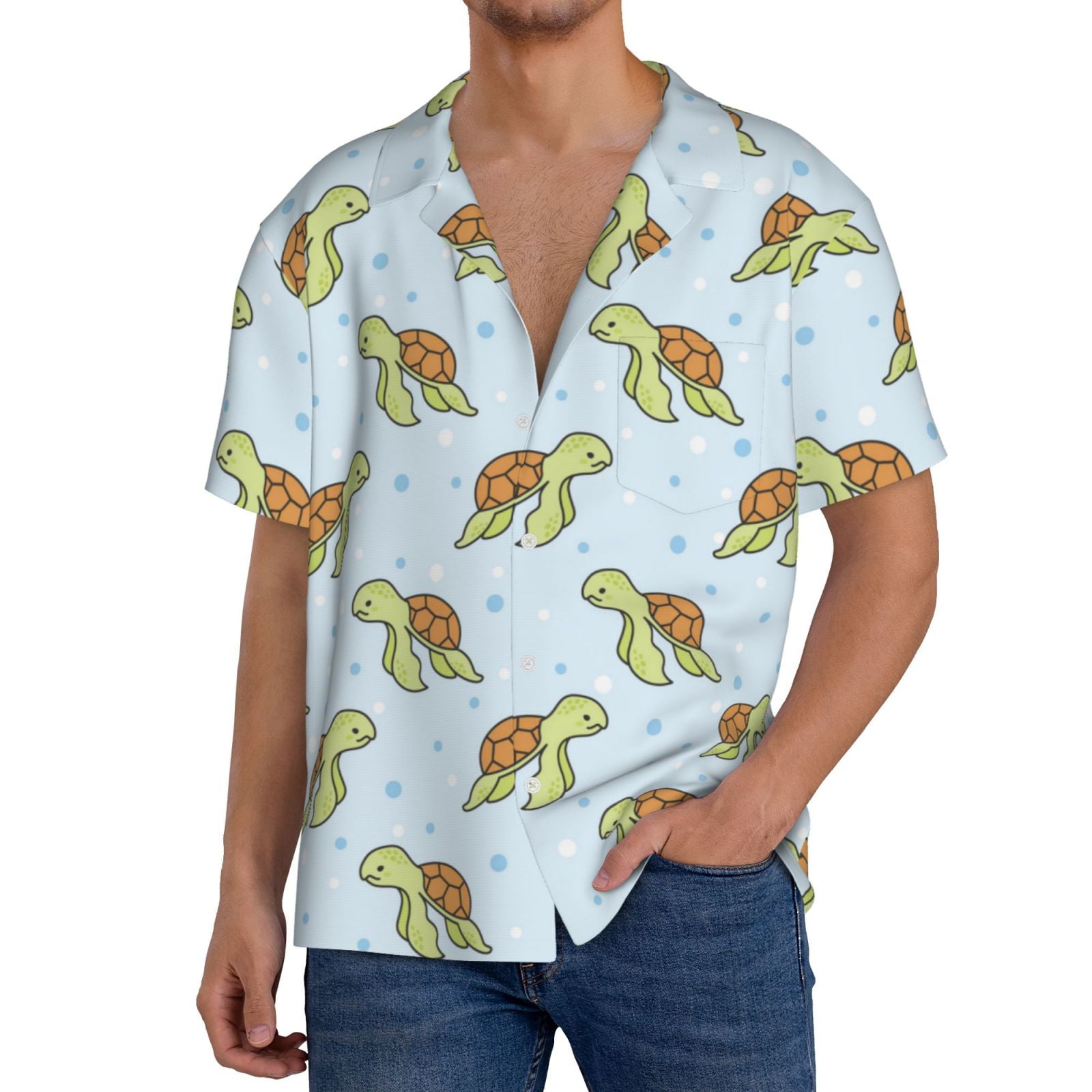 Yiaed Cartoon Sea Turtle Print Mens Casual Wrinkle Free Shirts Short ...
