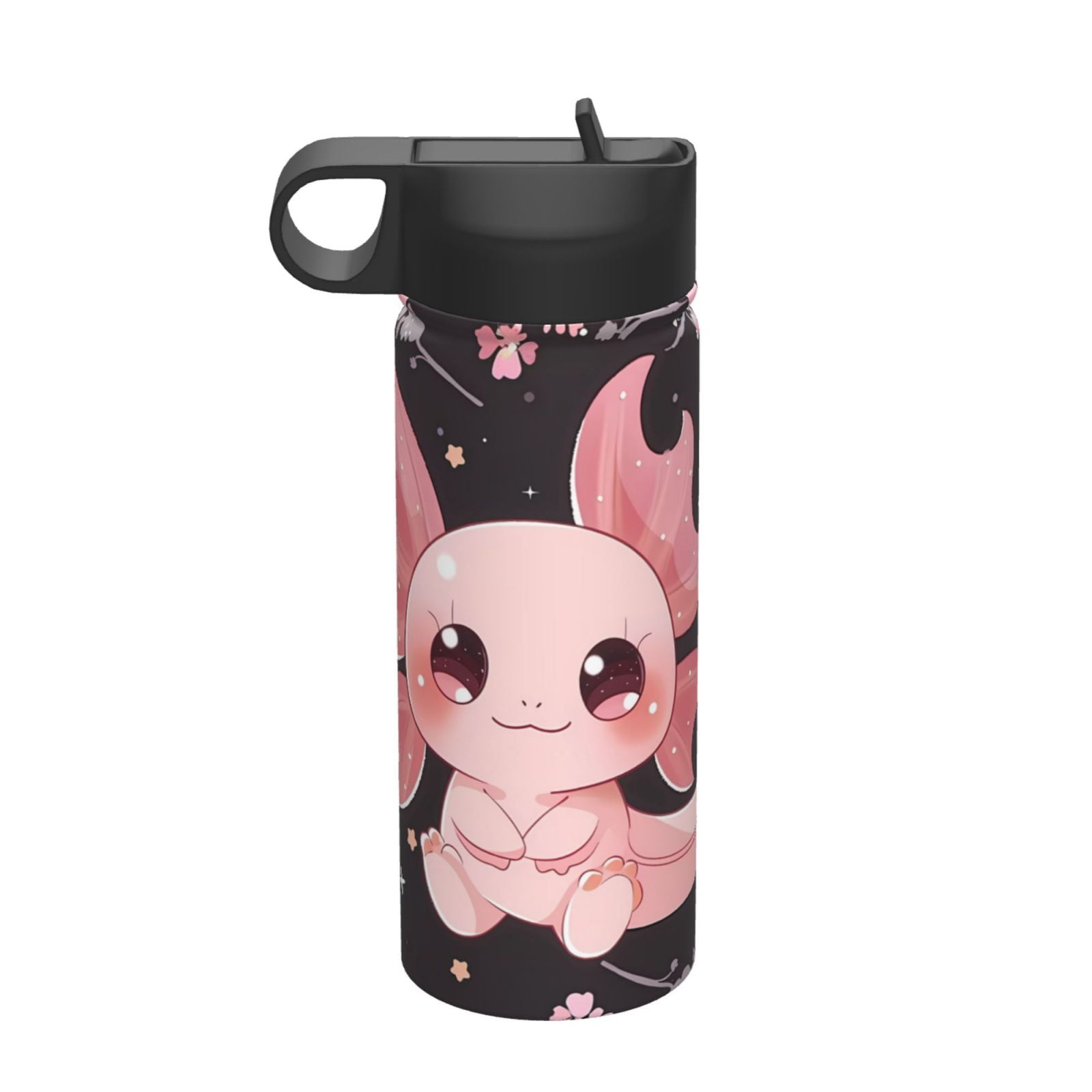 Yiaed Chibi Axolotl Sakura Fantasy Print Water Bottle with Straw Lid ...