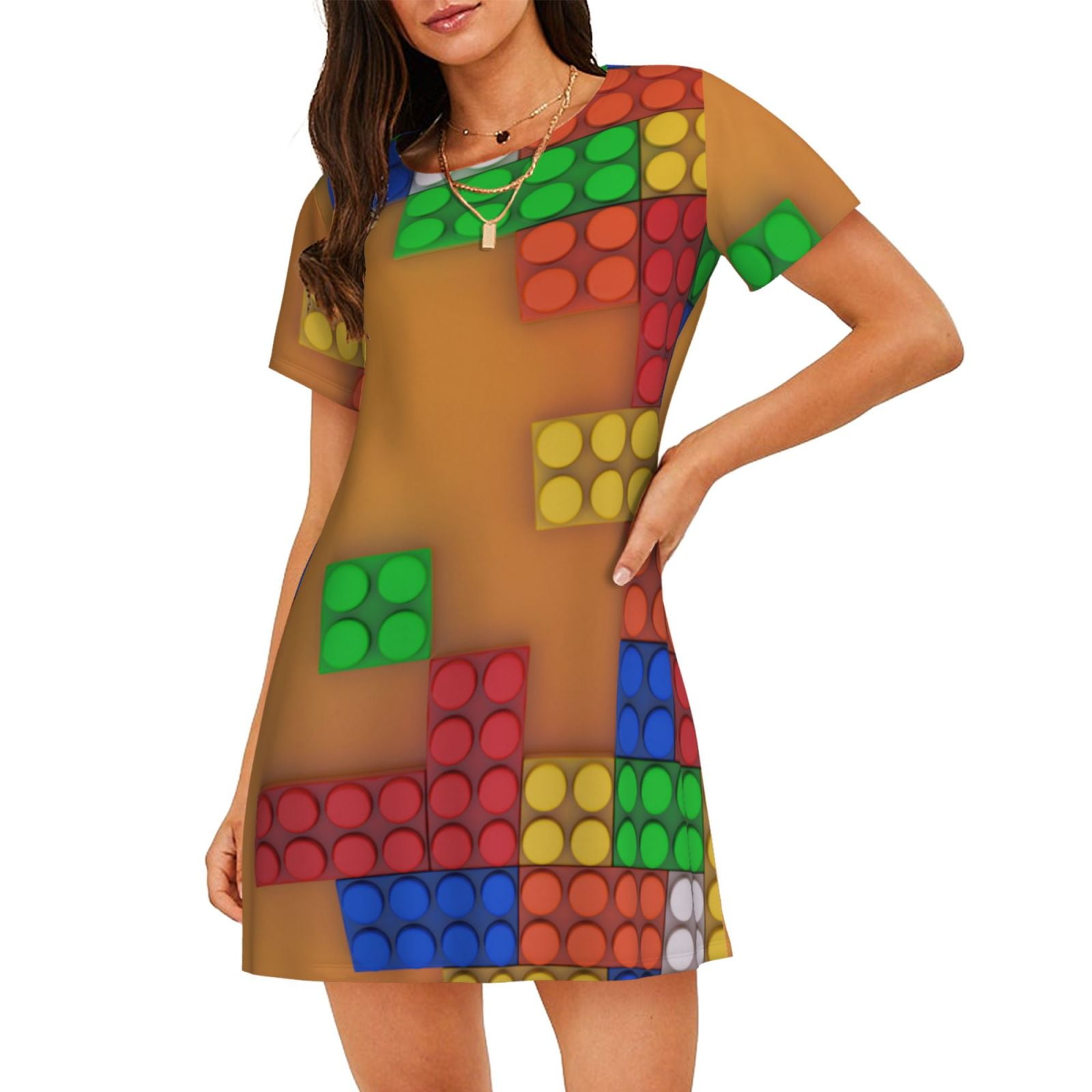 Yiaed Colorful Building Blocks A Print Womens Loose Fit Short Sleeve