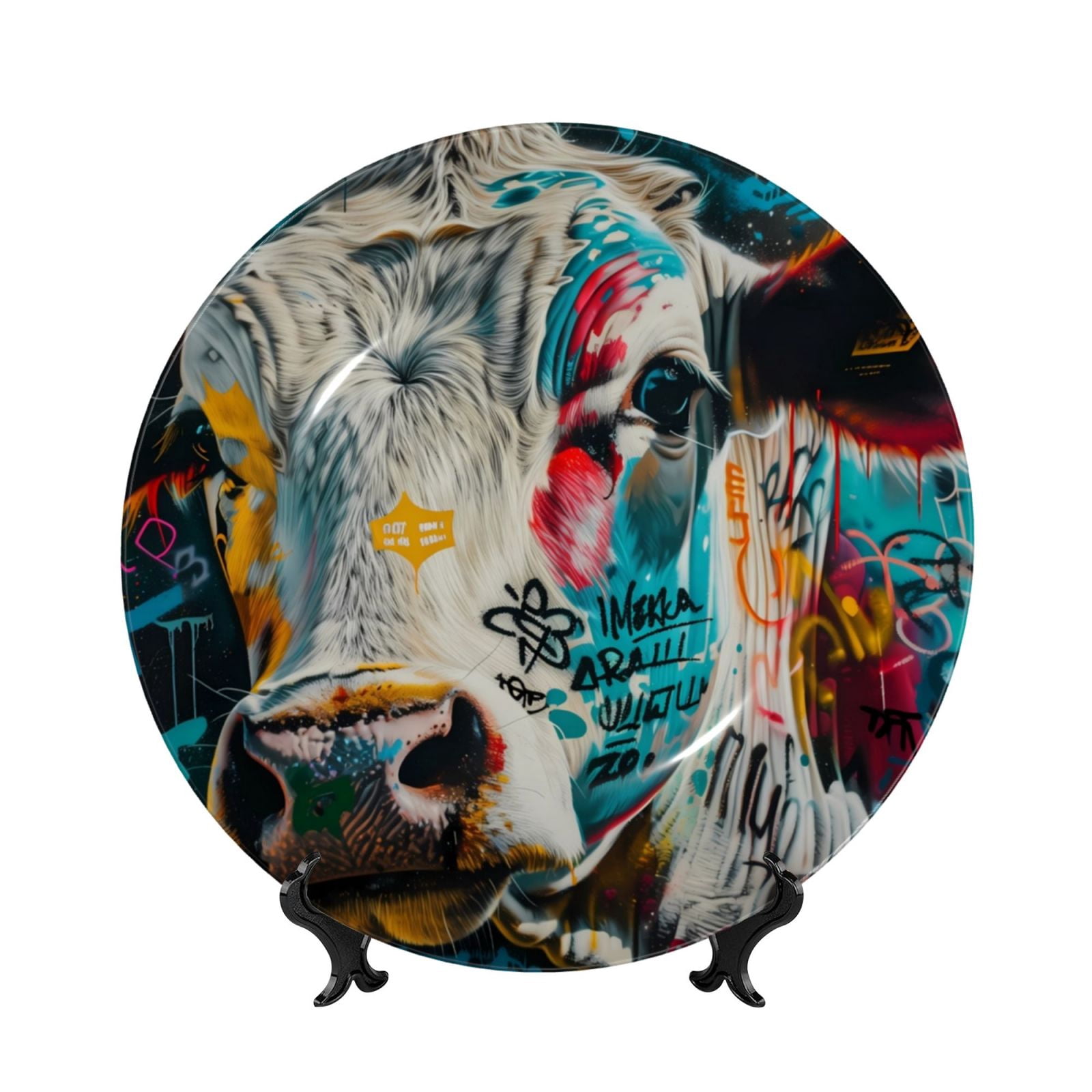 Yiaed Colorful Graffiti Cow Print Bone China Decorative Plate Ceramic ...