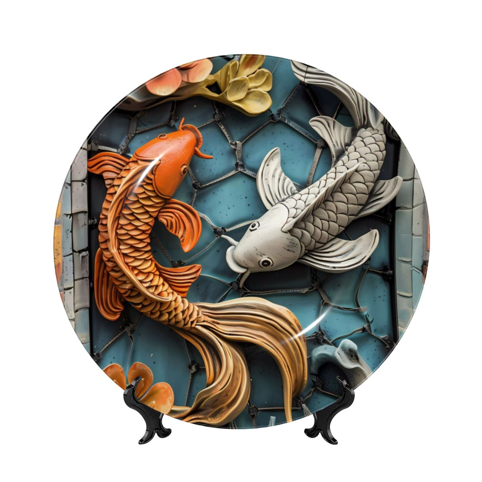 Yiaed Colorful Koi Fish Art Print Bone China Decorative Plate Ceramic ...