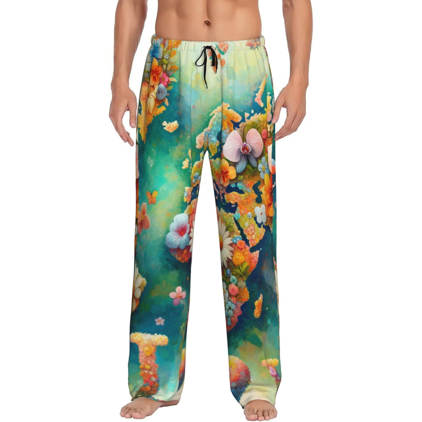 Yiaed Colorful World Map Print Men's Lounge Pants, Loose PJ Bottoms ...