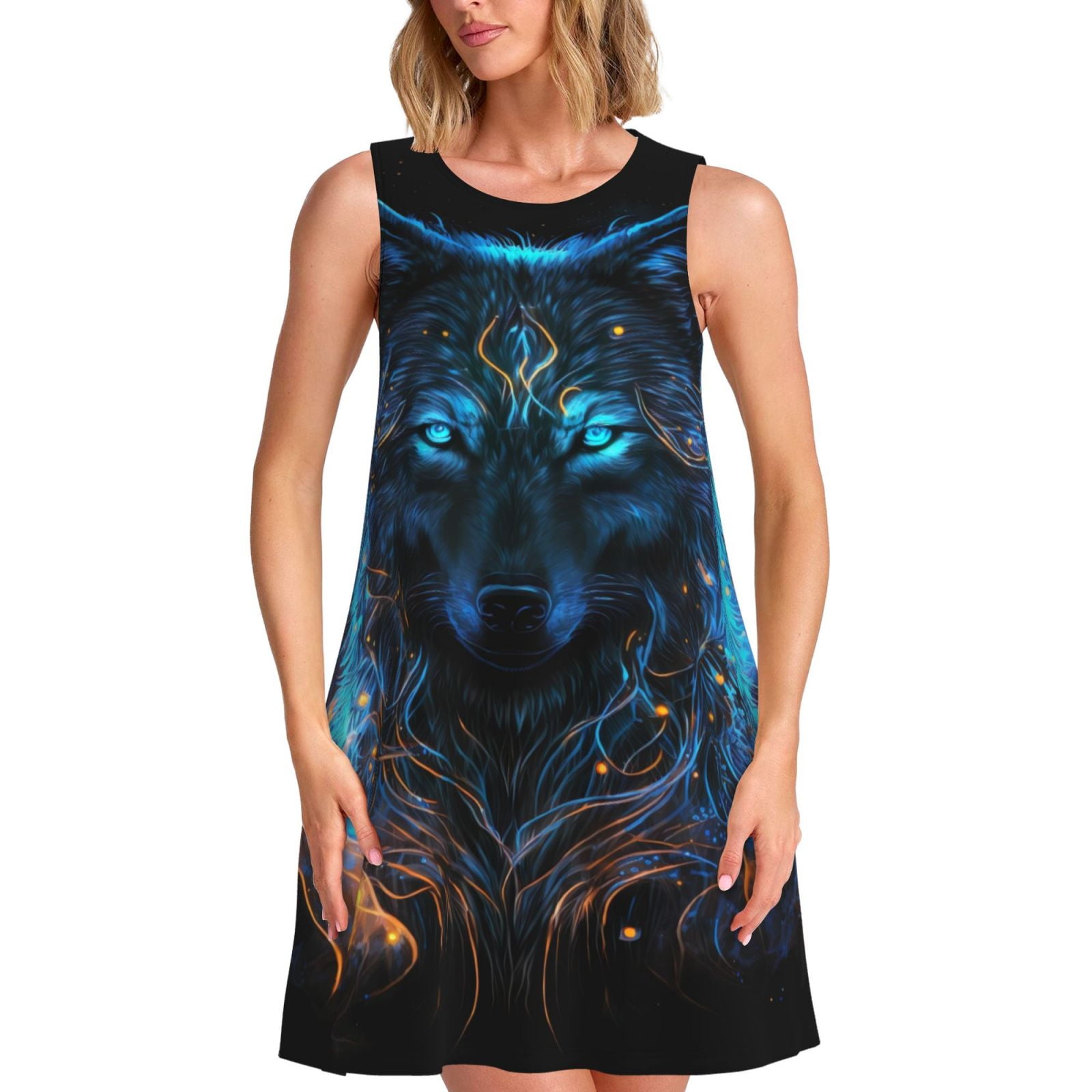Yiaed Cool Blue Light Wolf Print Women's Sleeveless Dress, Loose Fit ...