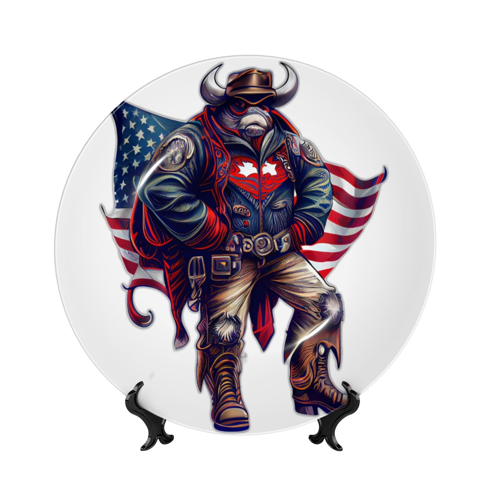 Yiaed Cool Patriotic Buffalo Cowboy Print Bone China Decorative Plate ...
