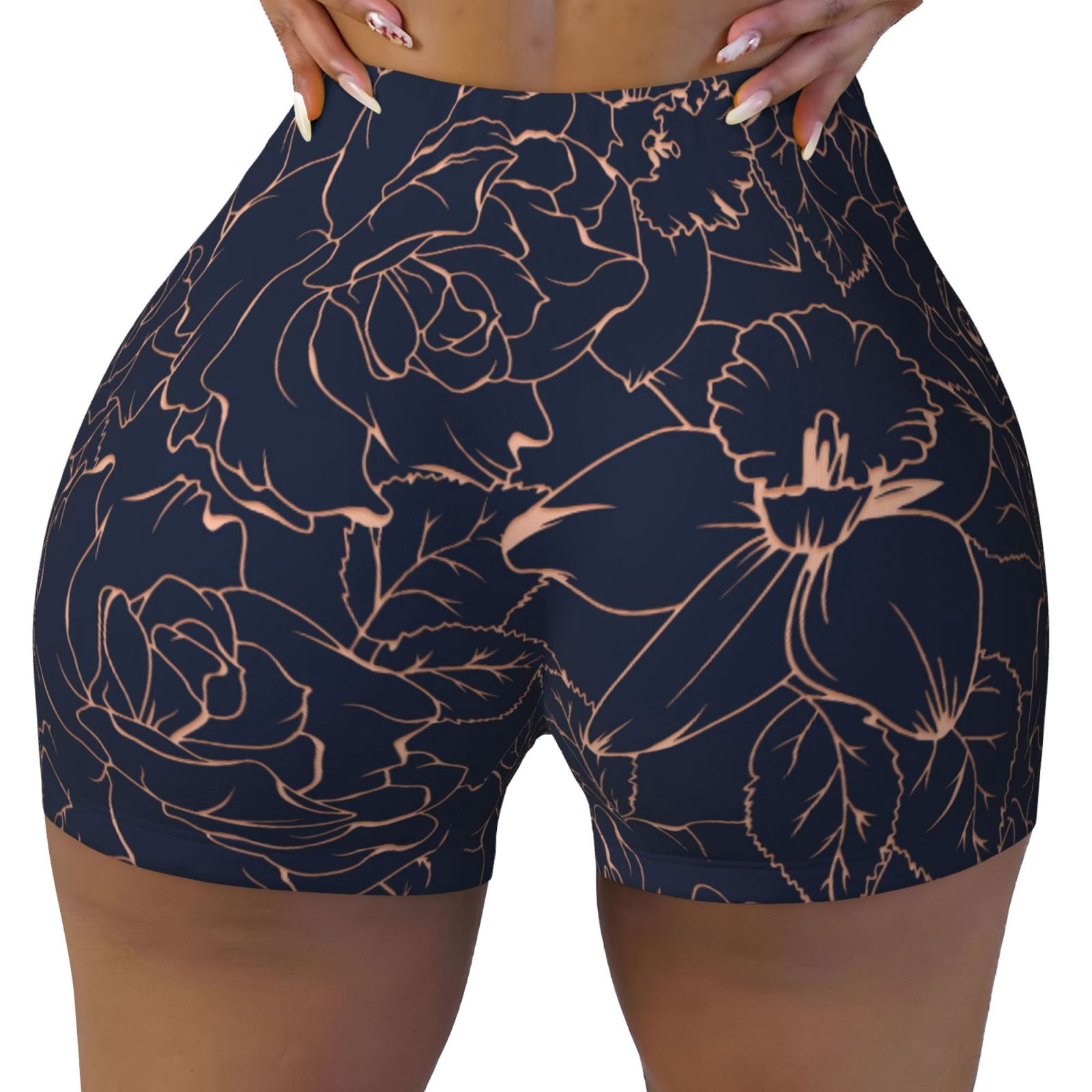 Yiaed Copper-Gold Gloss Outline Flower Print Women's Athletic Shorts ...