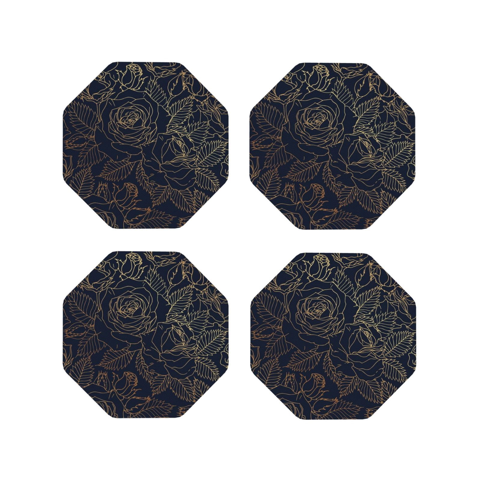 Yiaed Copper-Gold Gloss Outline Rose Print Leather Coasters for Drinks ...