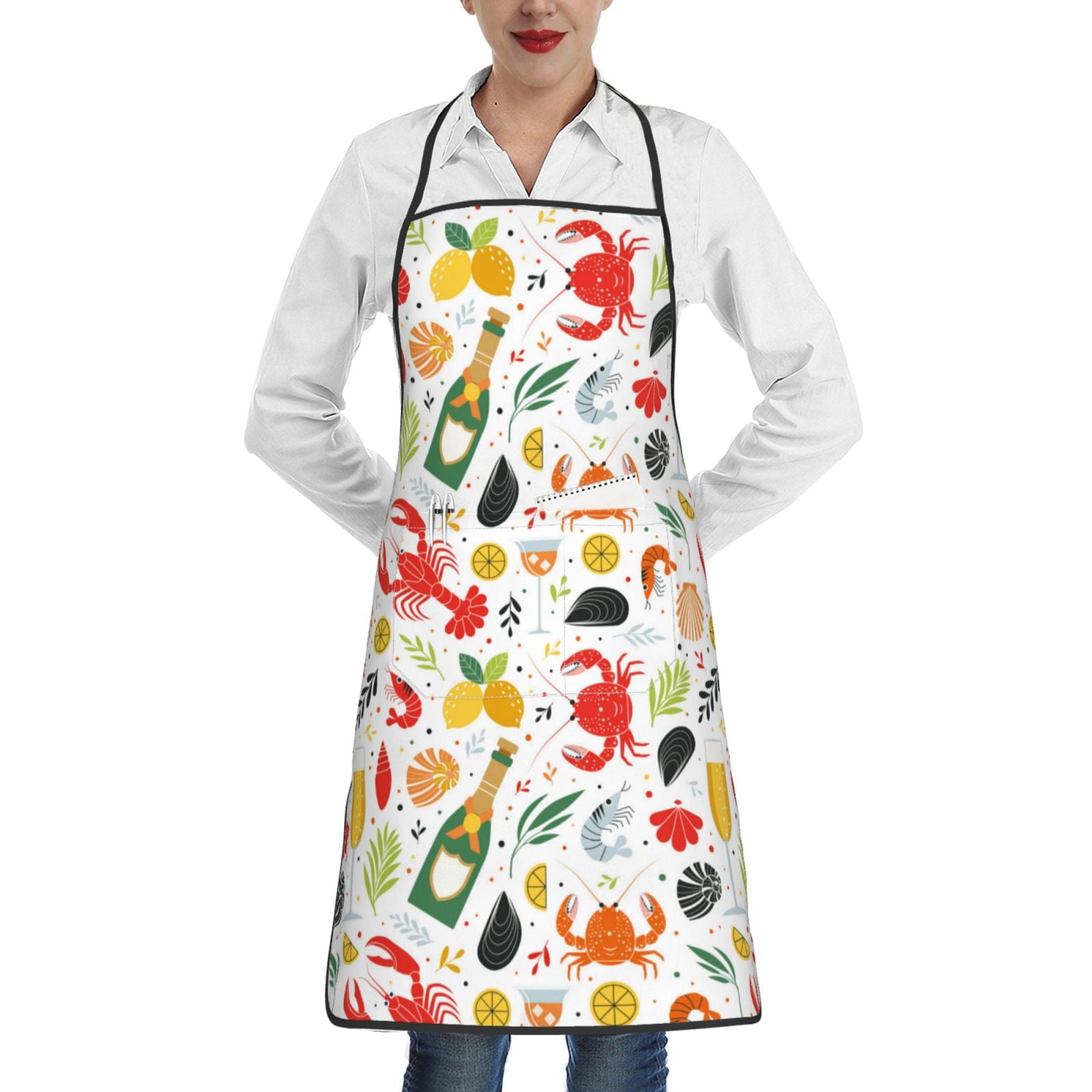 Yiaed Crabs Shrimps Print Kitchen Apron with Hand Wipe Pockets,Big ...