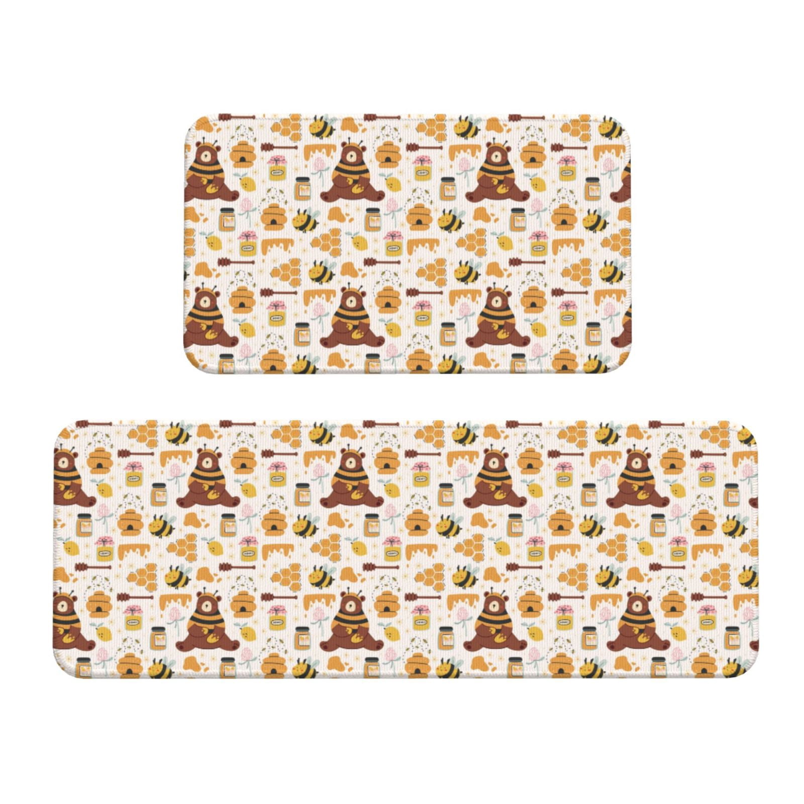 Yiaed Cute Bee Honey Jar Hive Bear Kitchen Rugs Sets of 2 Kitchen Mats ...