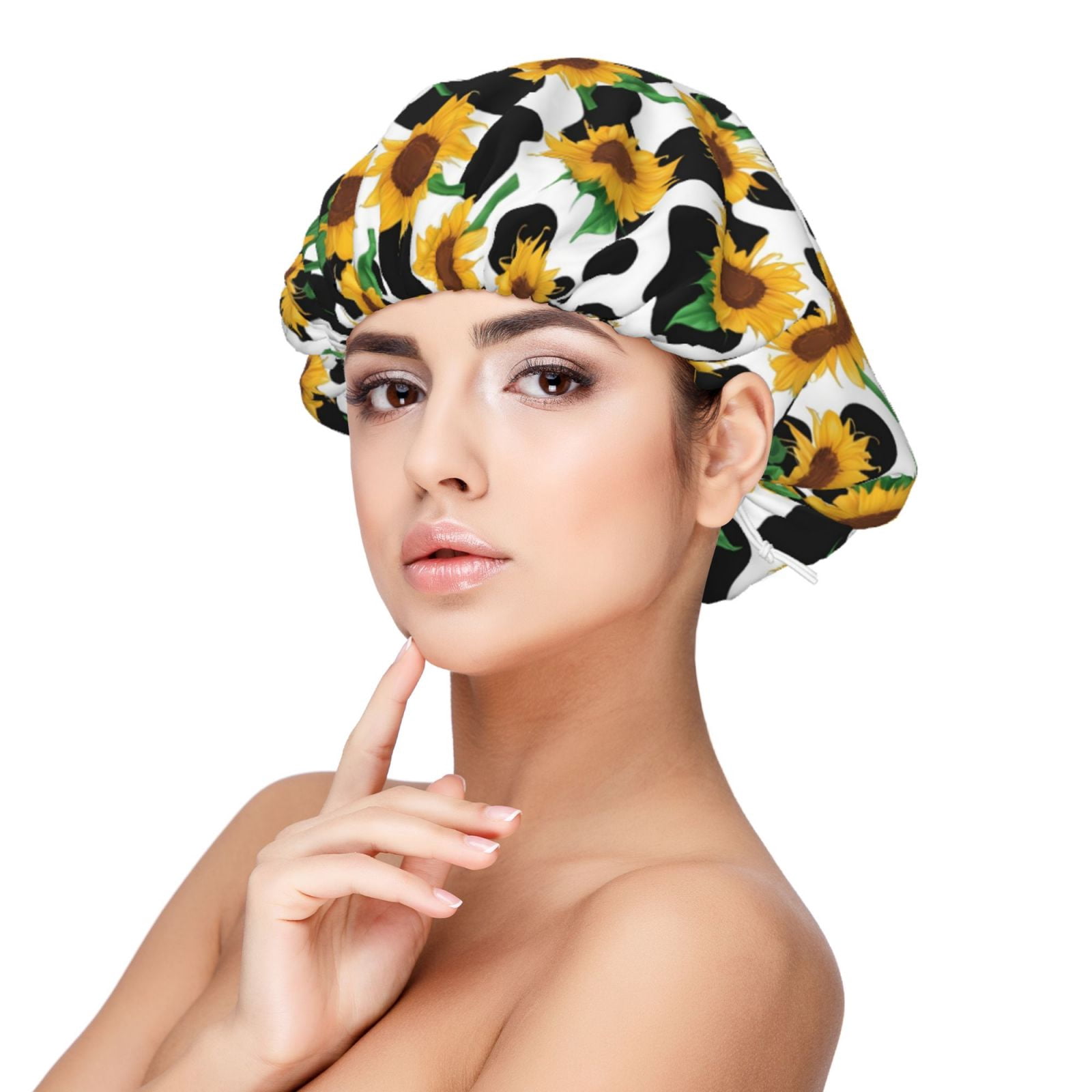 Yiaed Cute Cow Print Sunflower C Print Satin Bonnet Silk Bonnet Hair ...