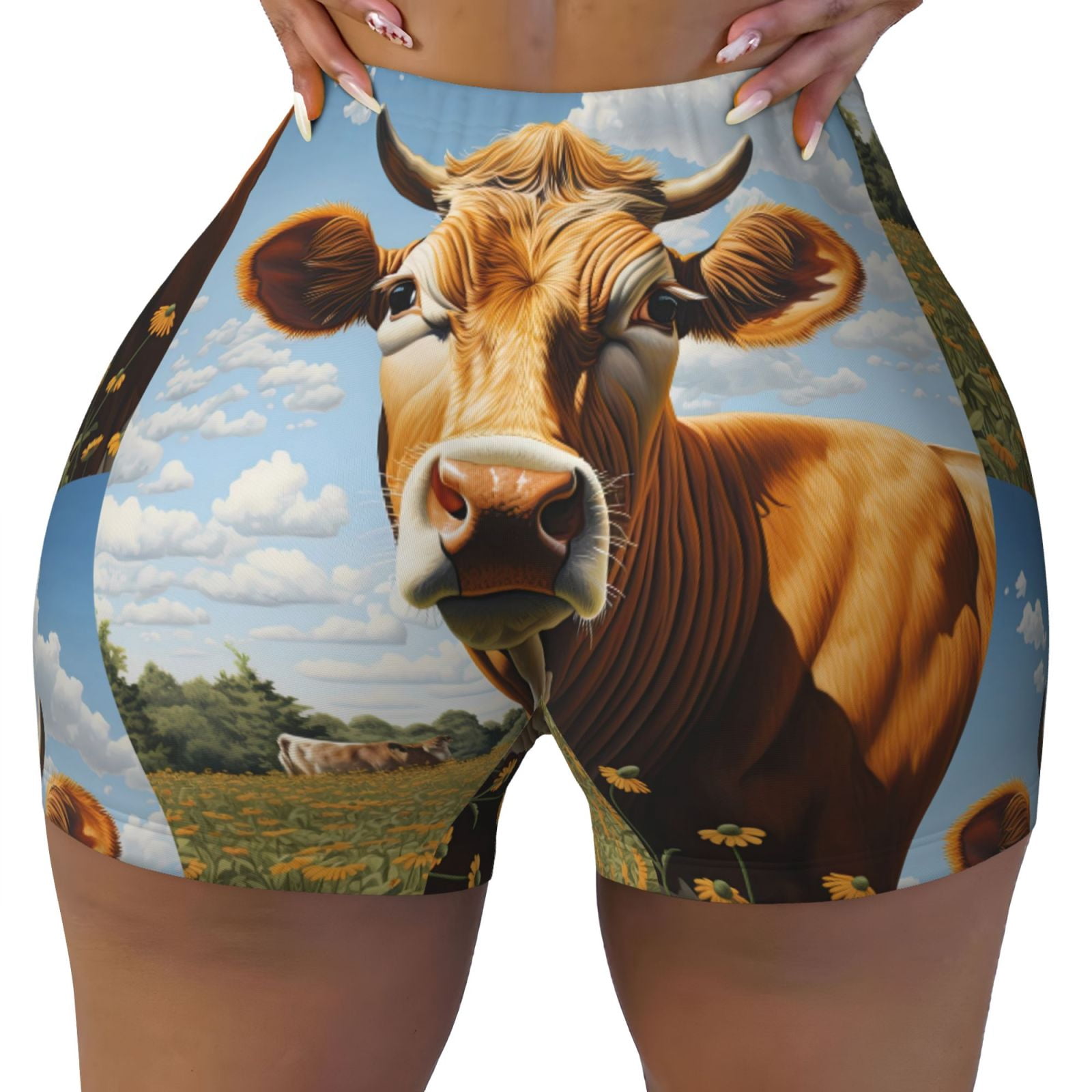 Yiaed Daisy Flower Field Cow Print Women's Athletic Shorts Running ...