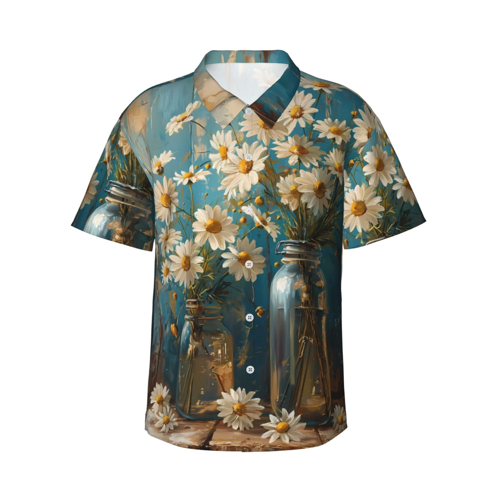 Yiaed Delicate White Daisy Jars Print Hawaiian Shirt for Men Short ...