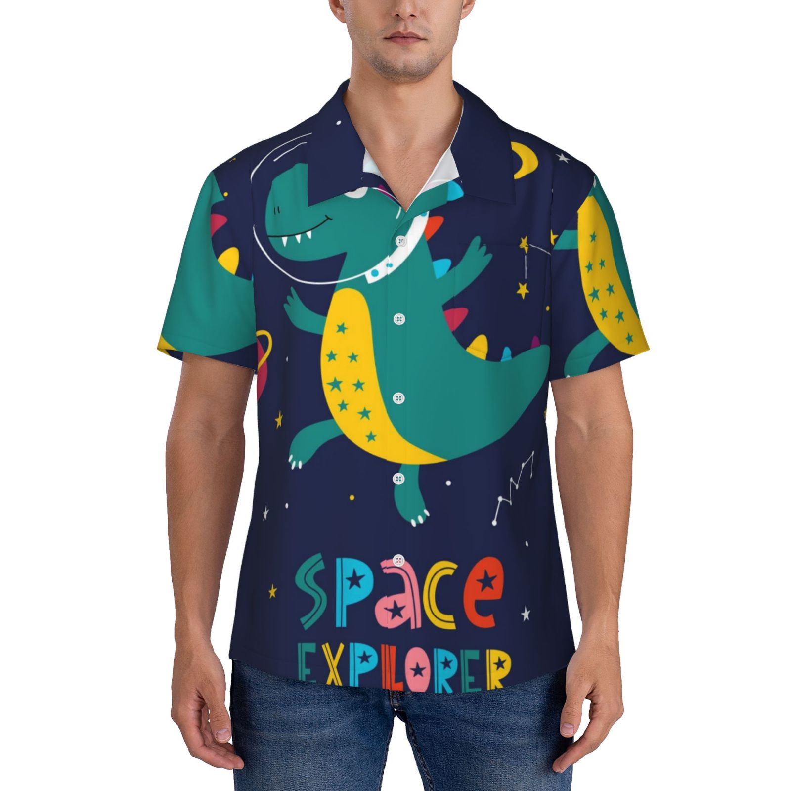 Yiaed Dinosau Space Explorer Print Hawaiian Shirt for Men Short Sleeve ...