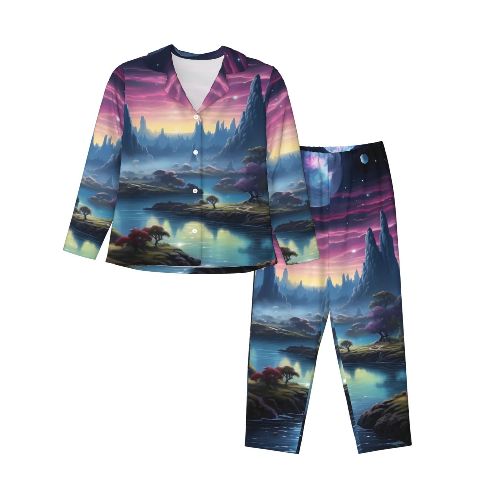 Yiaed Fantasy Landscape Starry Night Print Pajamas Women's Long Sleeve ...