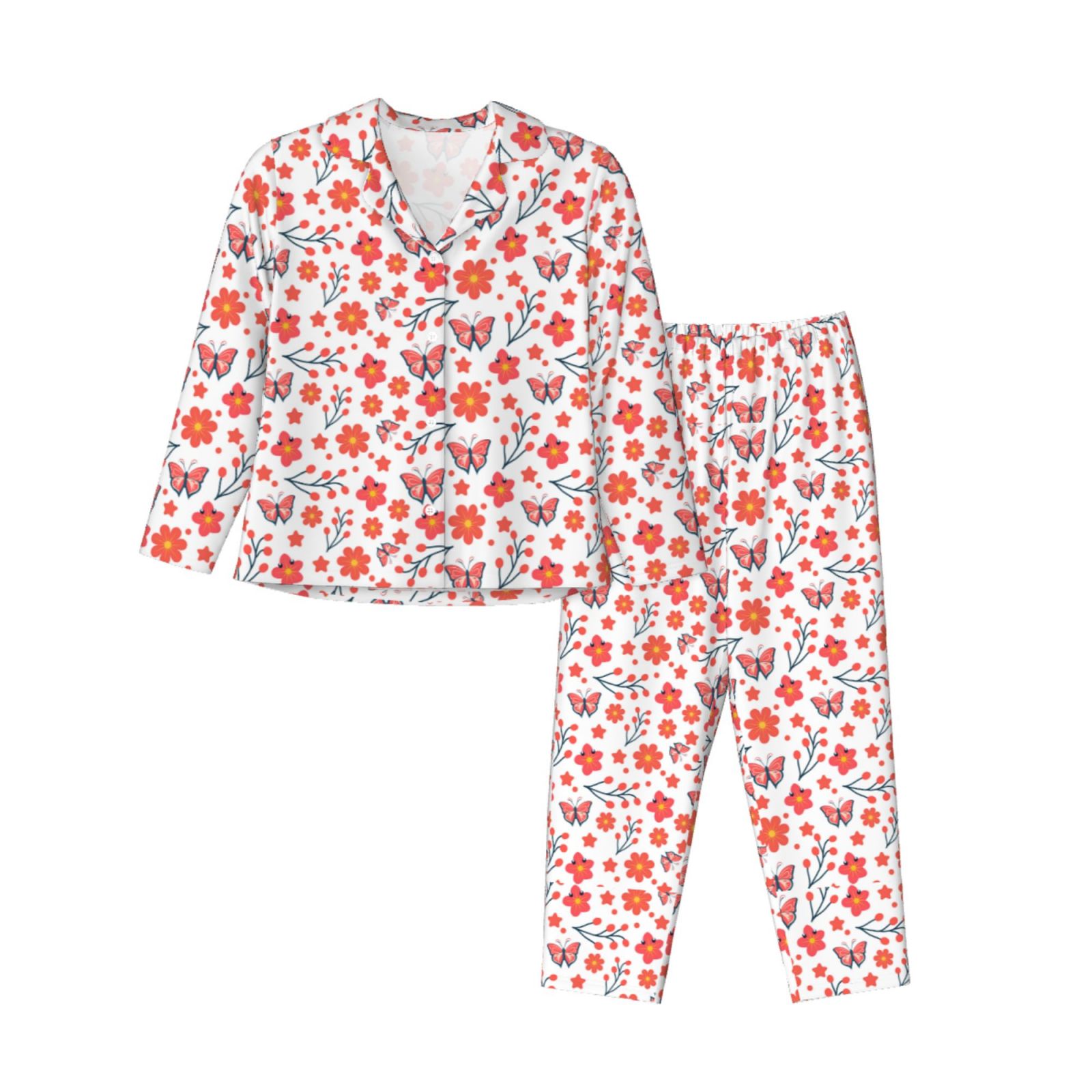 Yiaed Floral butterfly Print Pajamas Women's Long Sleeve Sleepwear Soft ...