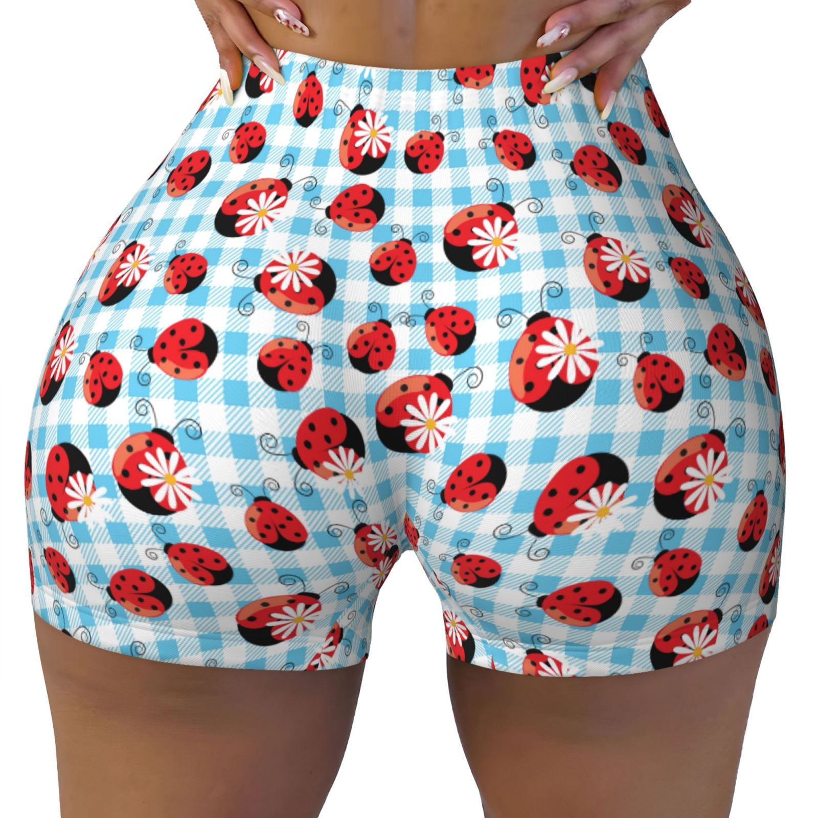 Yiaed Flowers and Lady Bugs Print Women's Athletic Shorts Running Shorts Sporty Short High ...