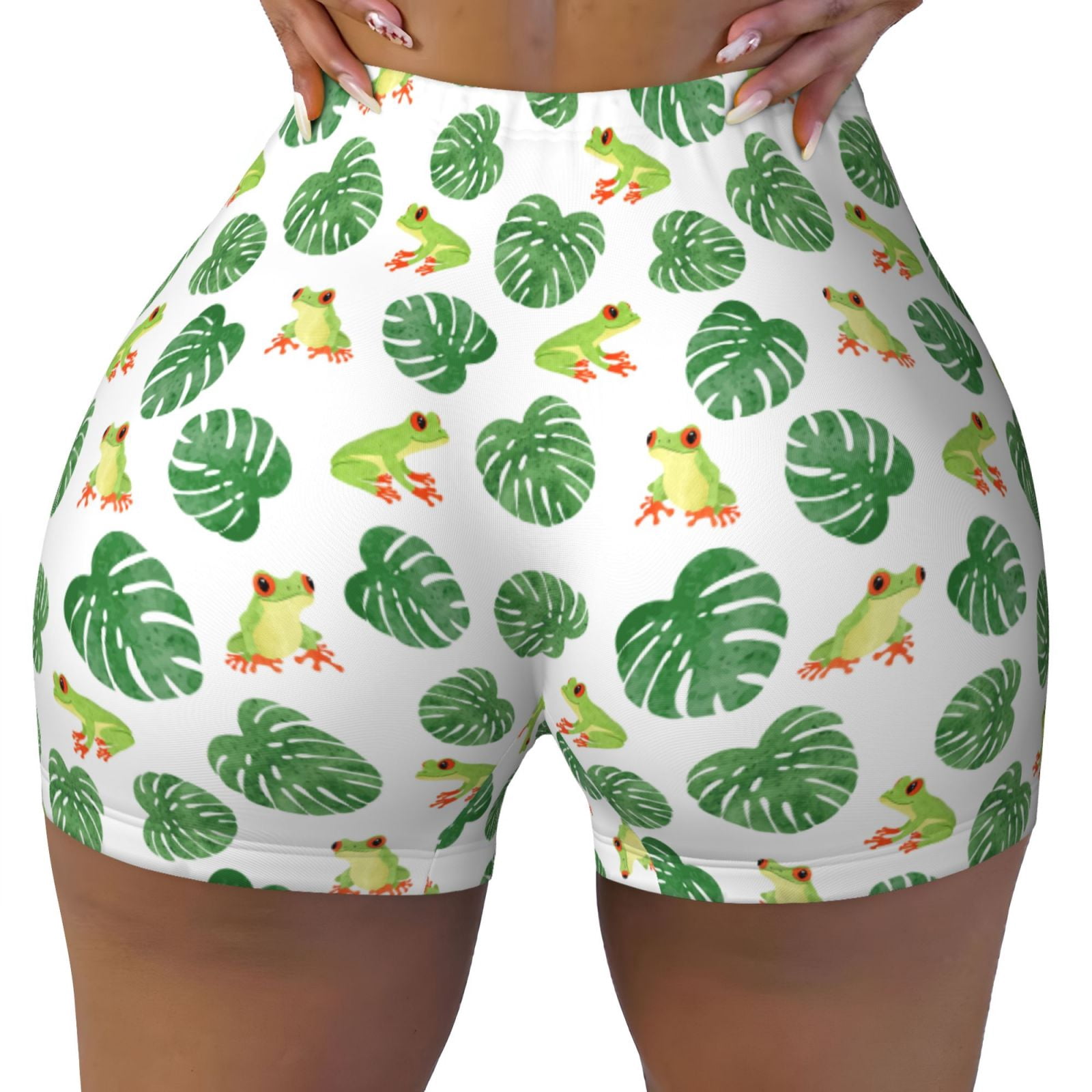 Yiaed Frogs And Tropical Leaves Print Women's Athletic Shorts Running ...