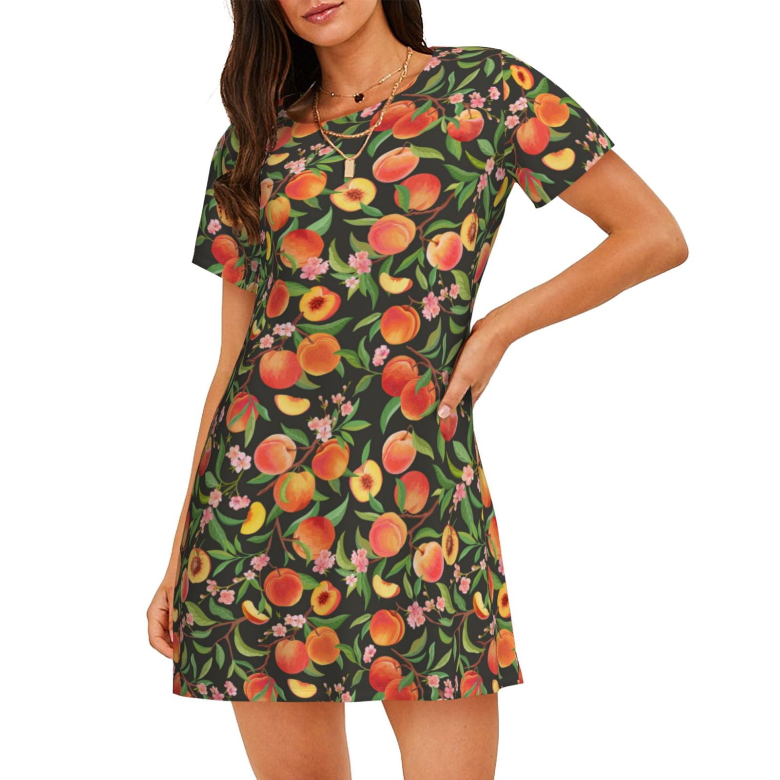 Yiaed Fruits Peach Print Women's Loose-Fit Short Sleeve Nightgown, Soft ...