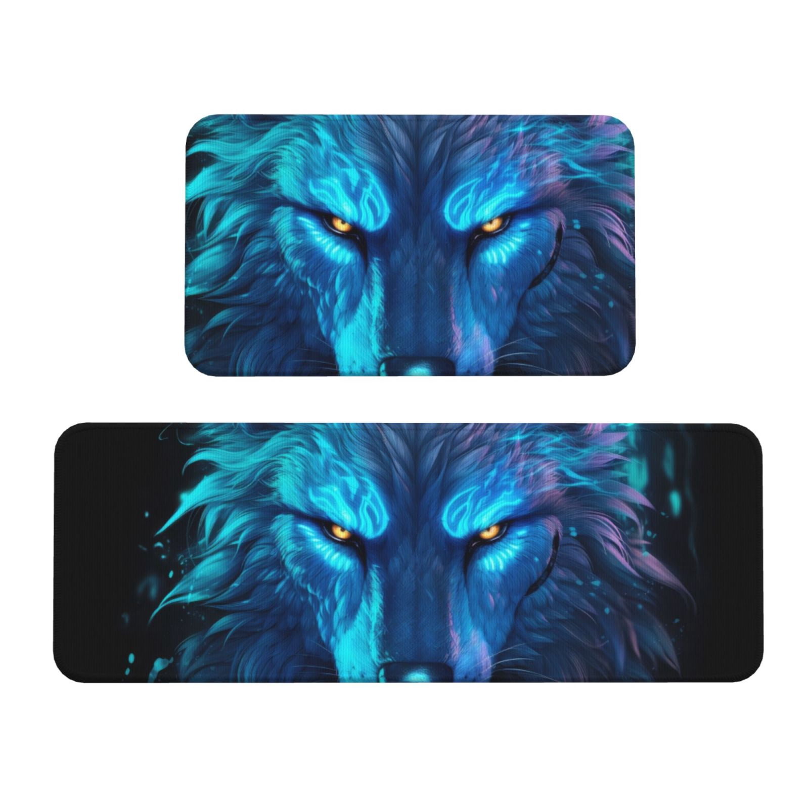 Yiaed Futuristic Blue Light Wolf Kitchen Rugs Sets of 2 Kitchen Mats ...
