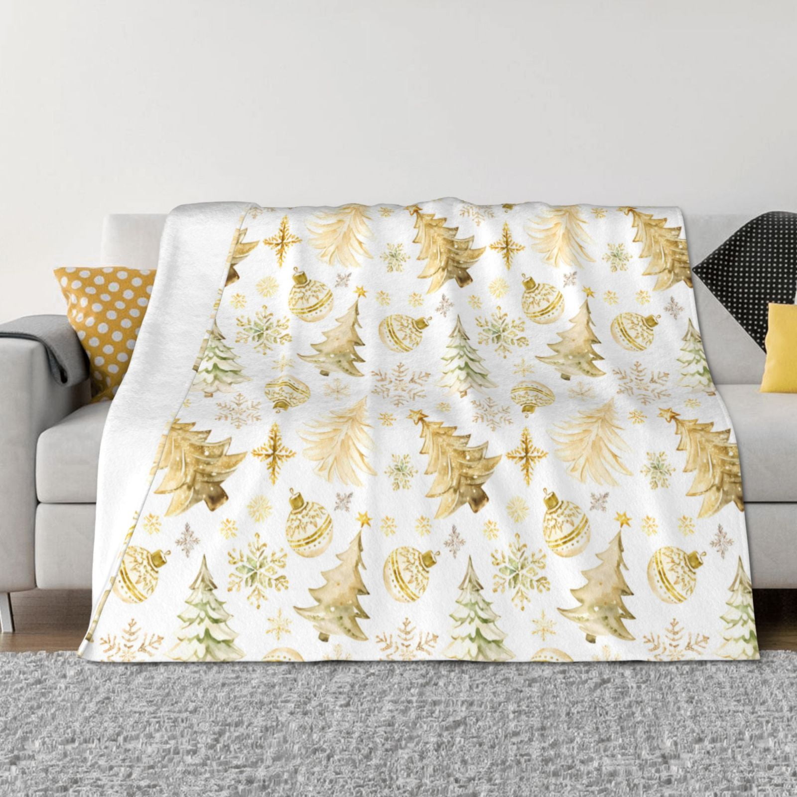 Yiaed Gold Christmas Tree Print Blanket Throw Blanket Soft Cozy Flannel ...