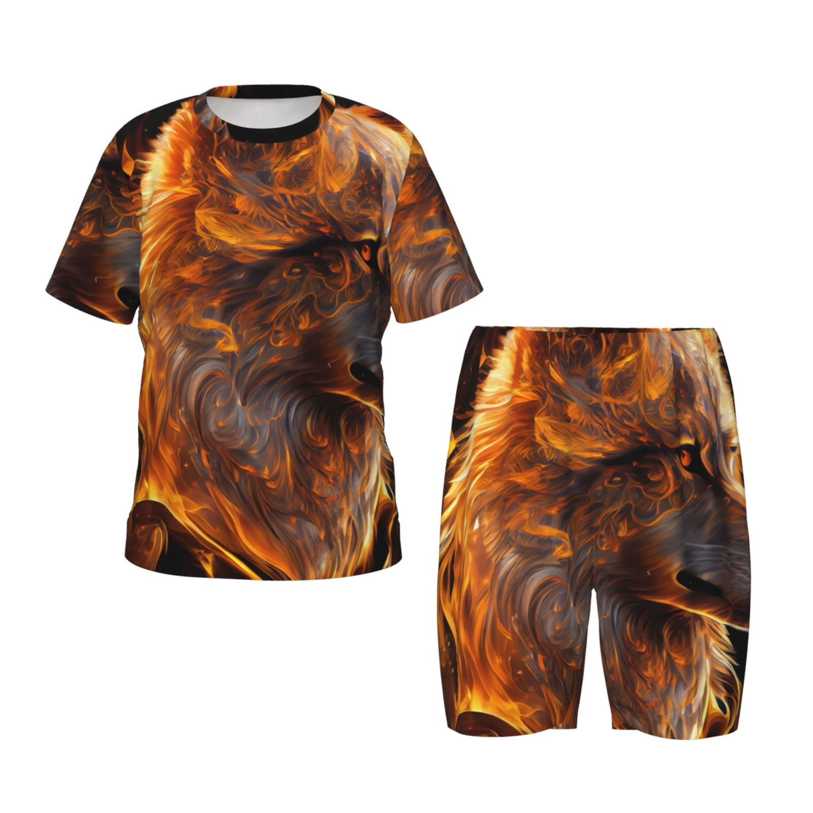 Yiaed Gold Flame Pattern Wolf for Kid's Short-Sleeved Pajamas Set ...