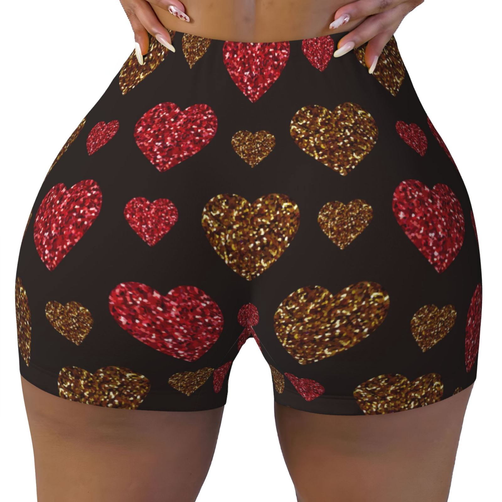 Yiaed Gold Glitter Heart Print Women's Athletic Shorts Running Shorts ...