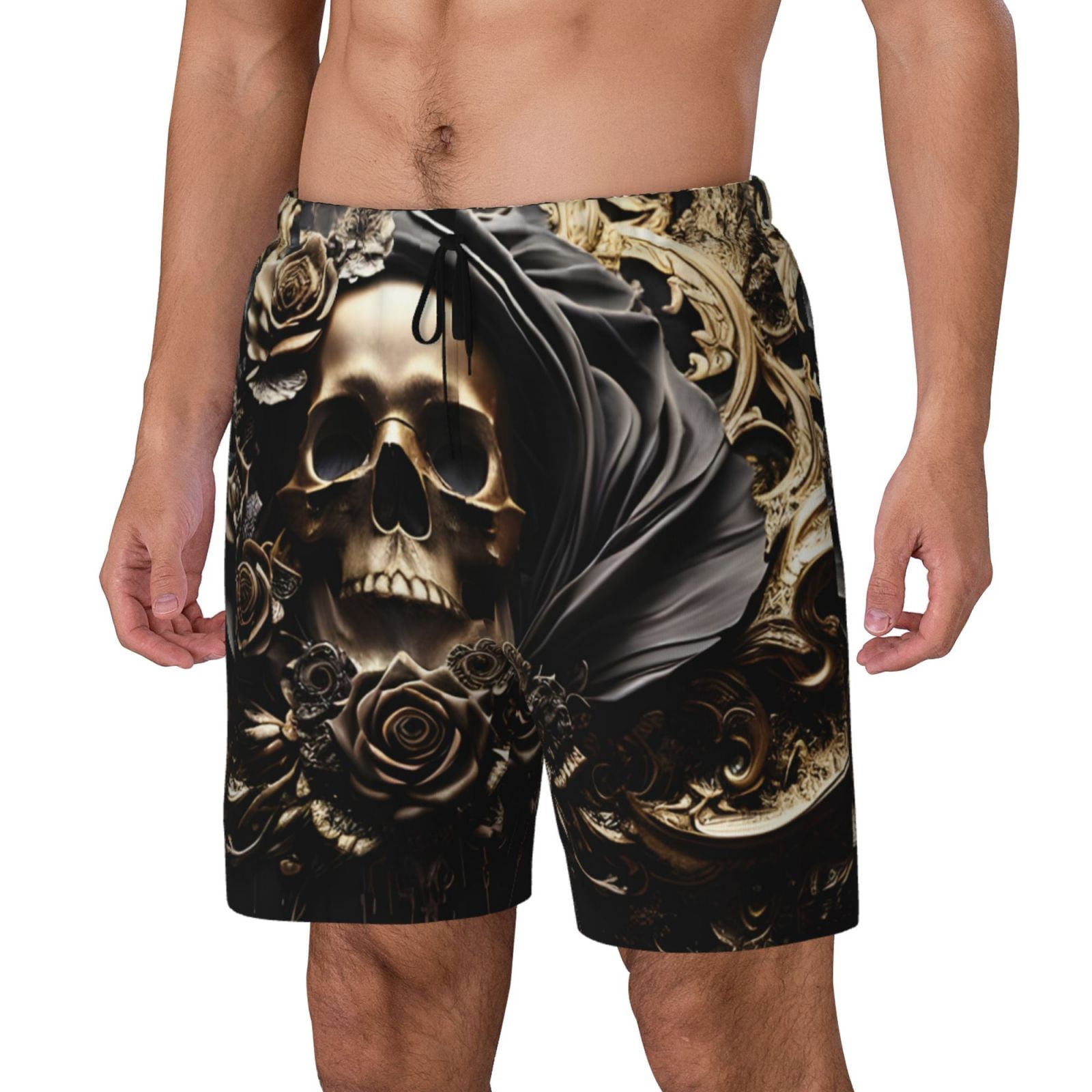 Yiaed Gold Rose Skull Print Mens Swim Trunks Bathing Suit Compression ...