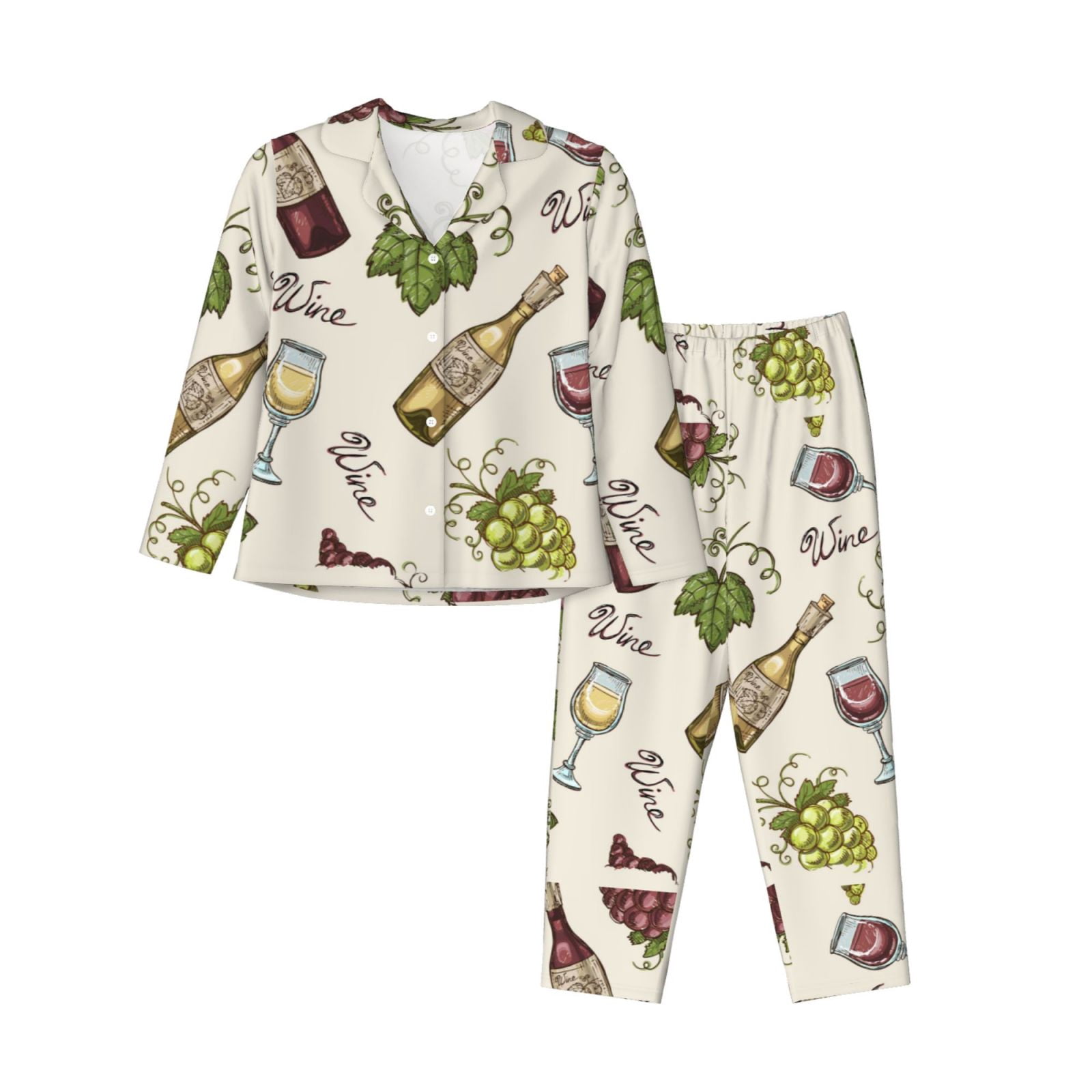 Yiaed Grapes Bbottles Wine Print Pajamas Women's Long Sleeve Sleepwear ...