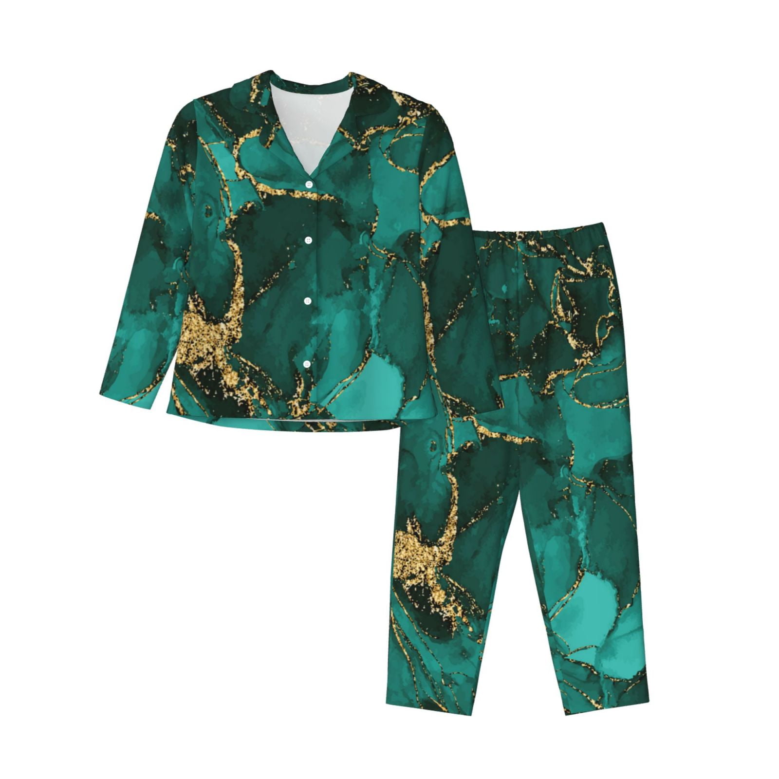 Yiaed Green Gold Glitter Print Pajamas Women's Long Sleeve Sleepwear ...