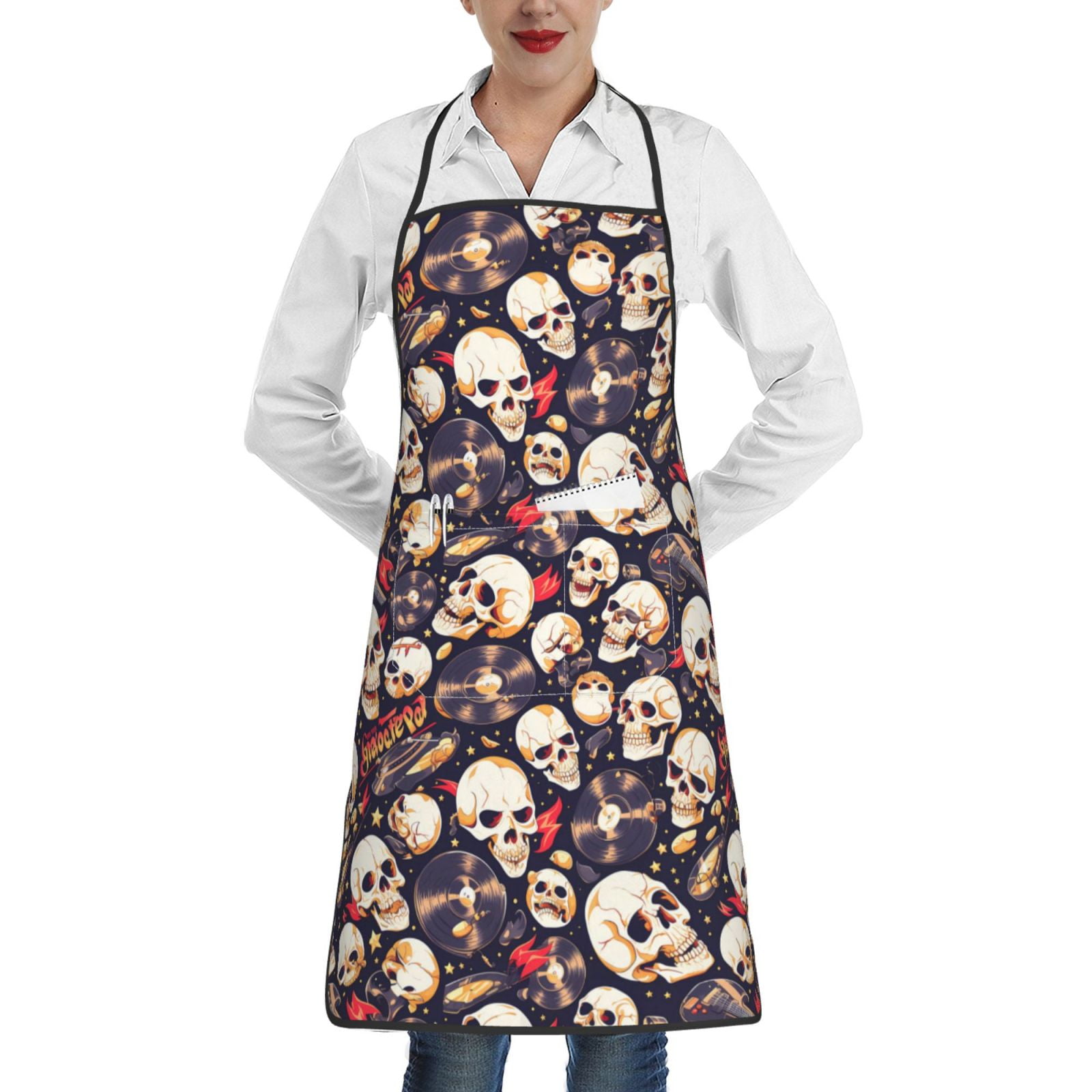 Yiaed Guitar Skull record Print Kitchen Apron with Hand Wipe Pockets ...