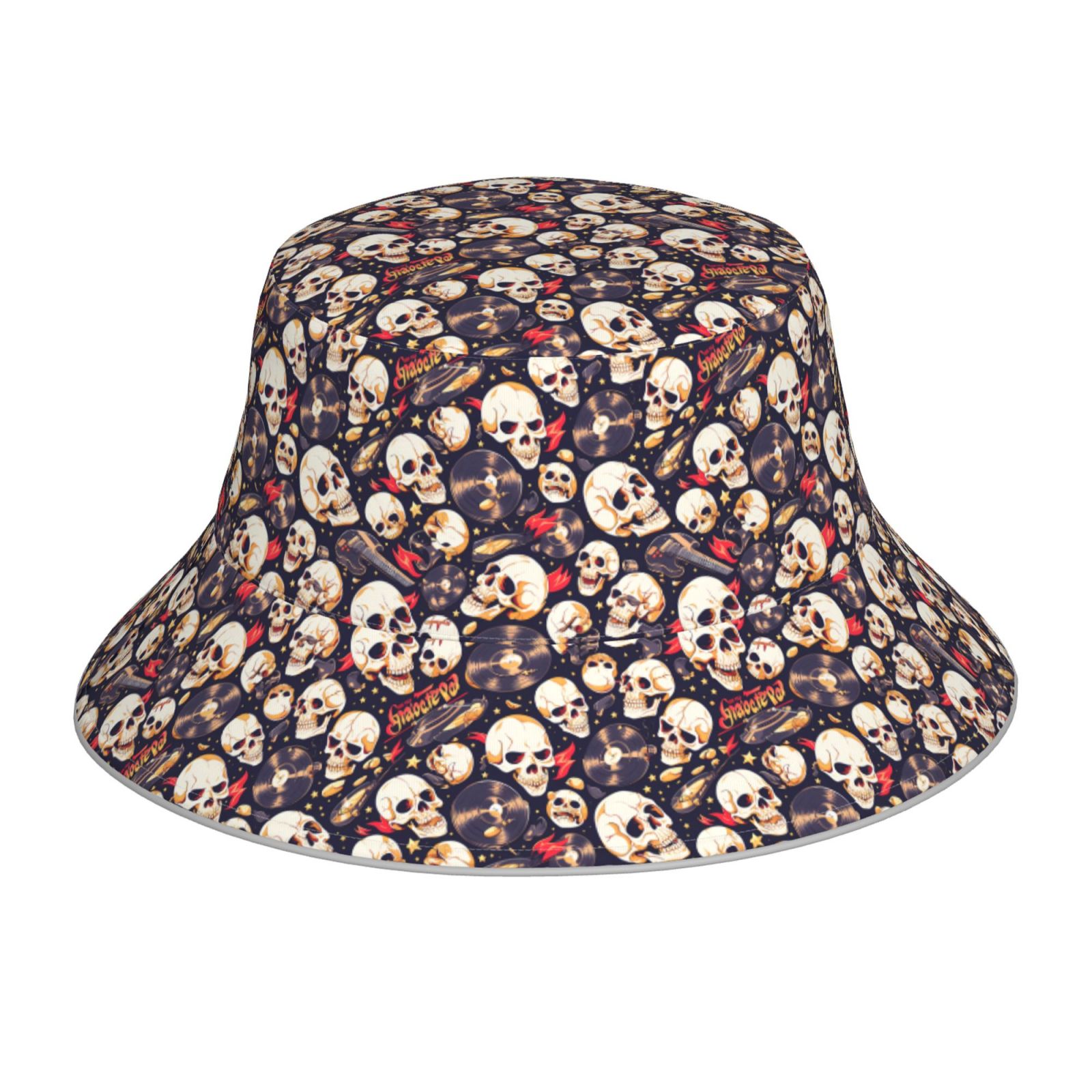 Yiaed Guitar Skull record Print Reflective Stripe Bucket Hat Unisex ...
