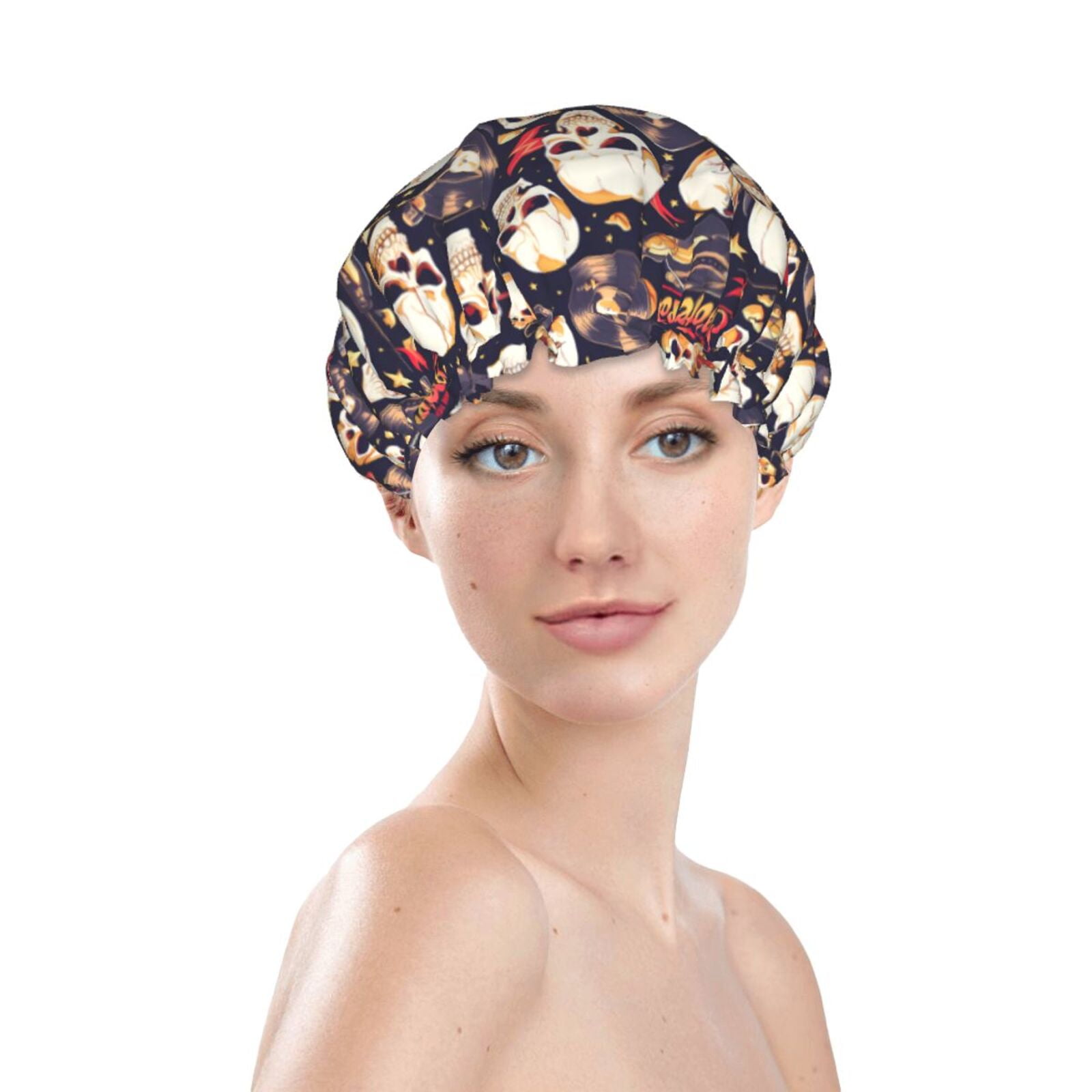 Yiaed Guitar Skull record Print Reusable Shower Cap & Bath Cap & Lined ...
