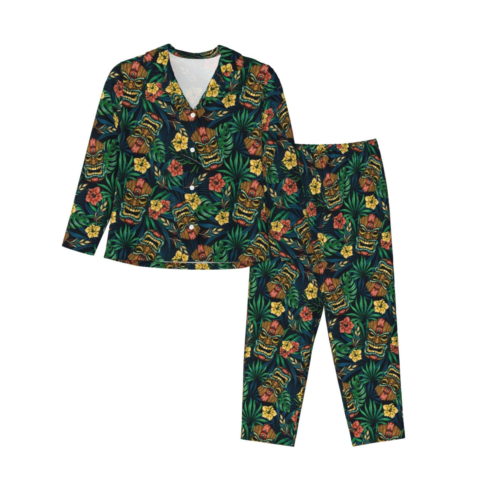 Yiaed Hawaiian Tribal Mask Print Pajamas Women's Long Sleeve Sleepwear ...