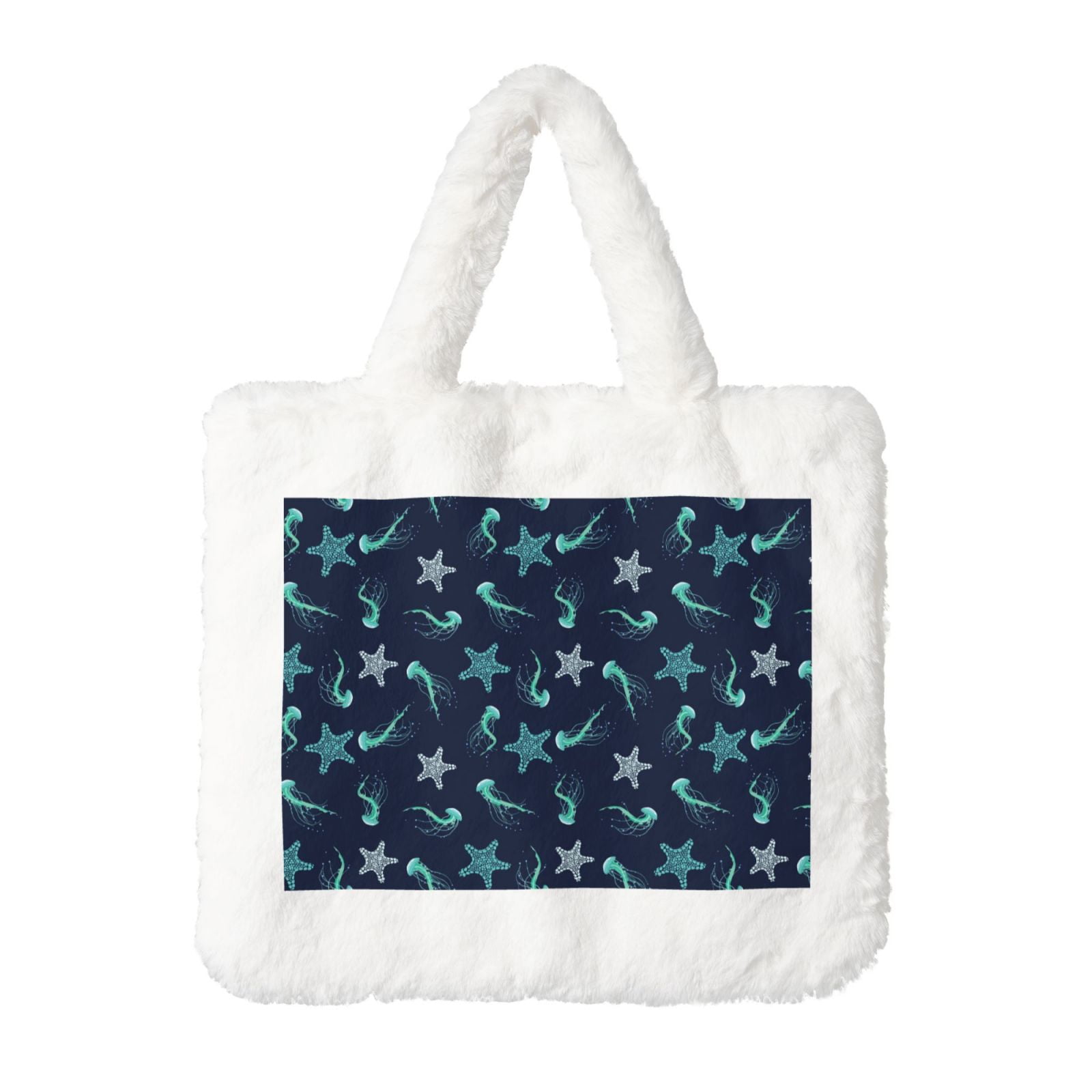 Yiaed Ice Blue Starfish and Jellyfish Print Fluffy Shoulder Bag Plush ...