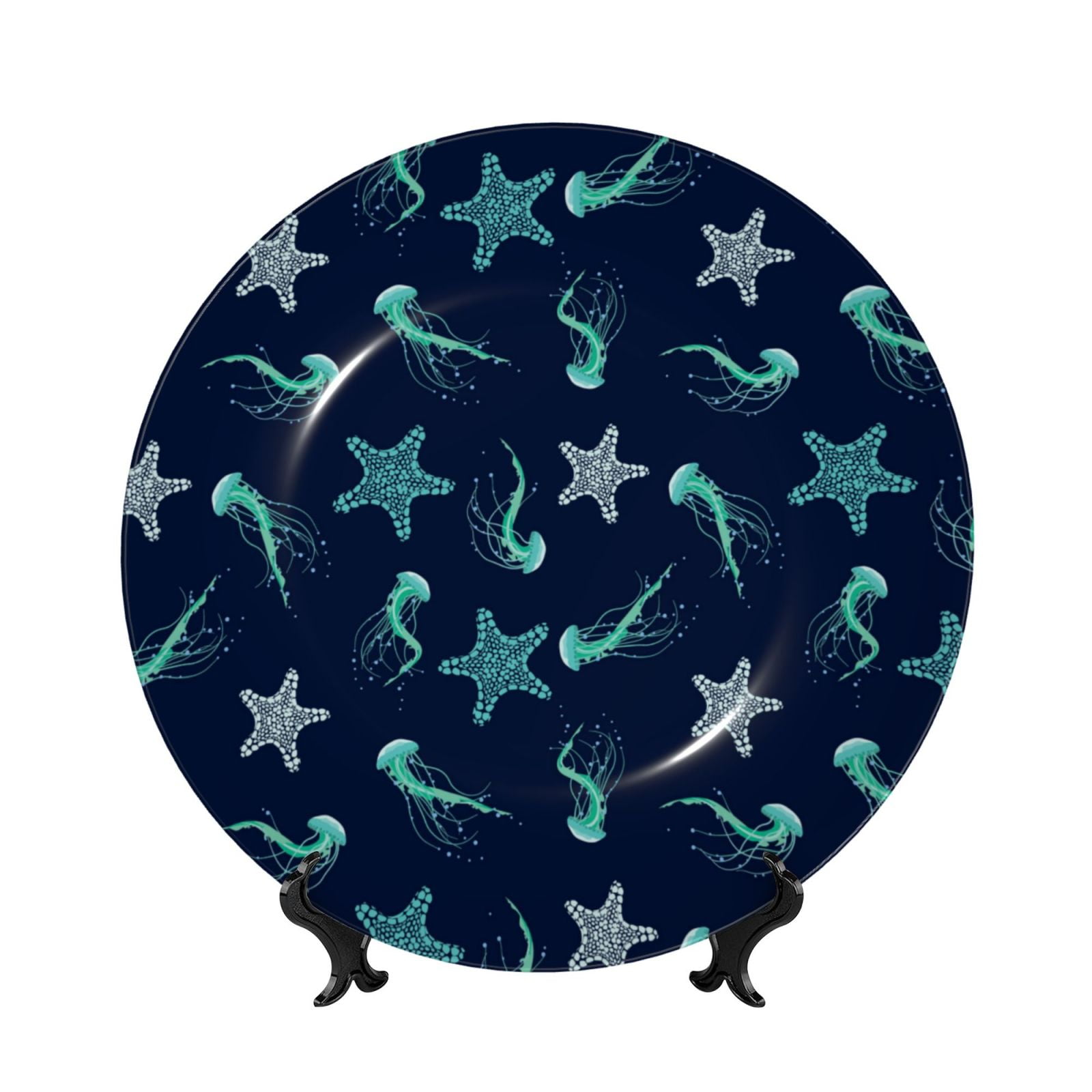 Yiaed Ice Blue Starfish and Jellyfish Print Bone China Decorative Plate ...