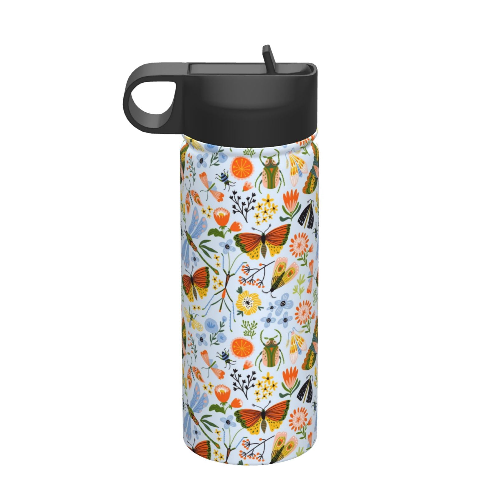Yiaed Insects and Flowers Print Water Bottle with Straw Lid, Stainless ...