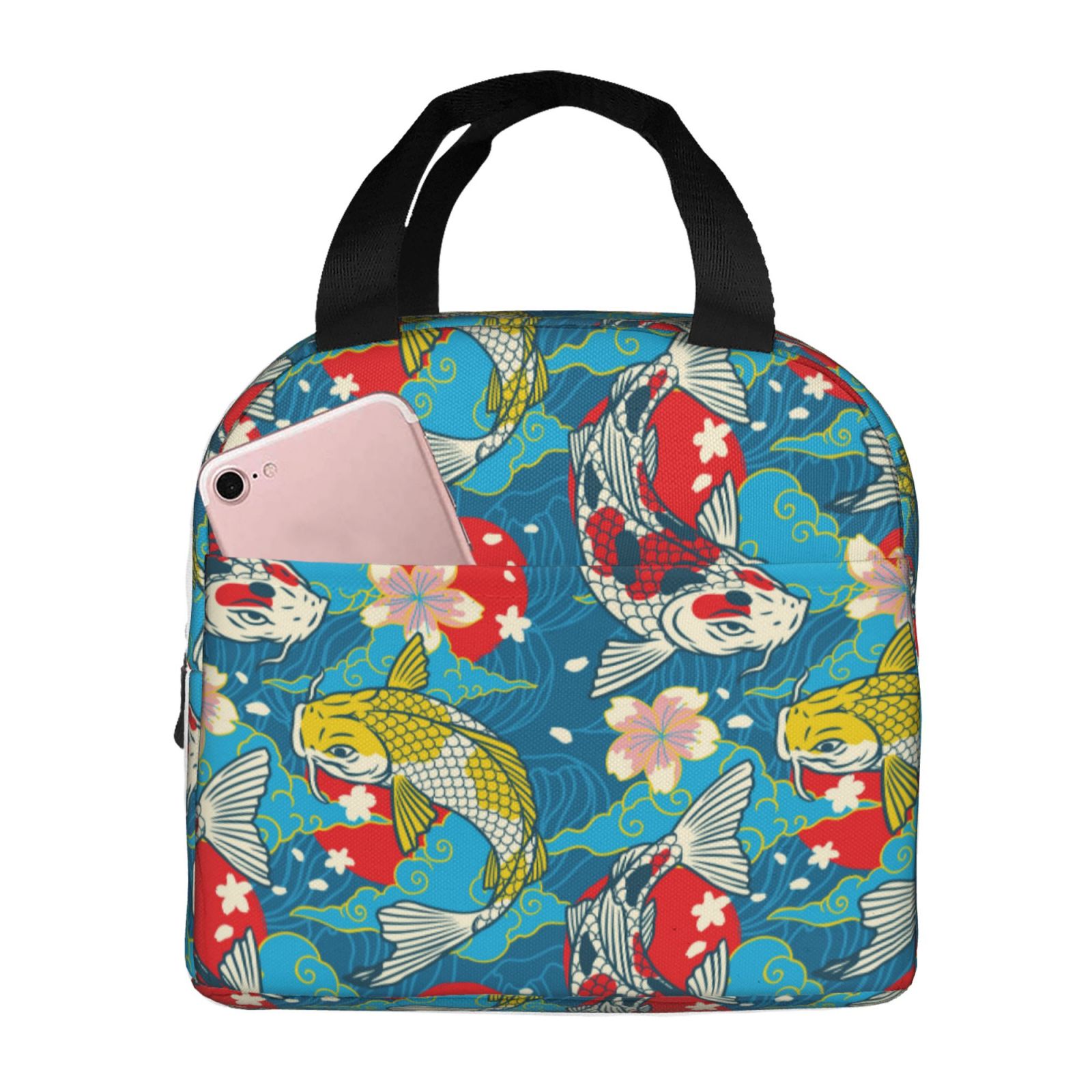 Yiaed Japanese Koi Print Insulated Lunch Bag Reusable Cute Tote Lunch ...