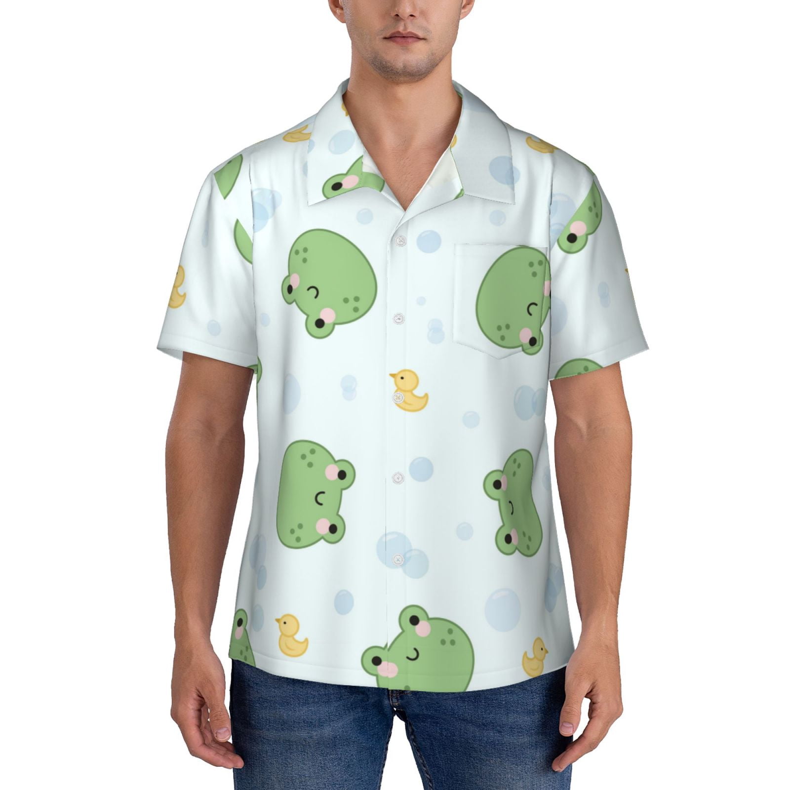 Yiaed Kawaii Frogs Print Hawaiian Shirt for Men Short Sleeve Button ...