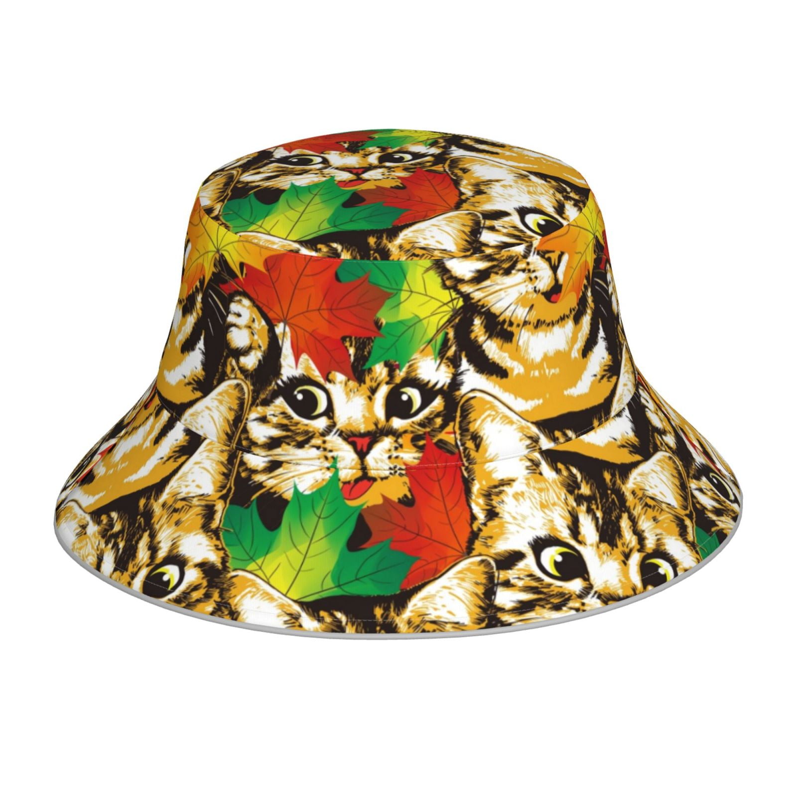 Yiaed Kittens With Maple Leaves Print Reflective Stripe Bucket Hat ...